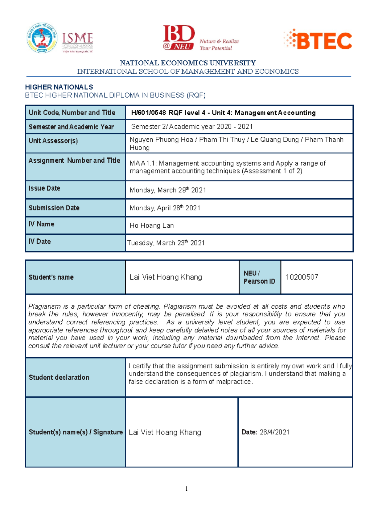 Managerial accounting- A1 - NATIONAL ECONOMICS UNIVERSITY INTERNATIONAL ...
