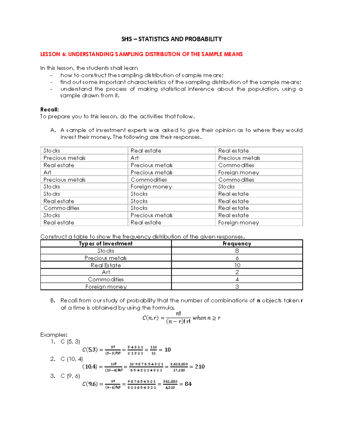 Lesson 6, Activity 6, Assessment 6 - LESSON 6: UNDERSTANDING SAMPLING ...