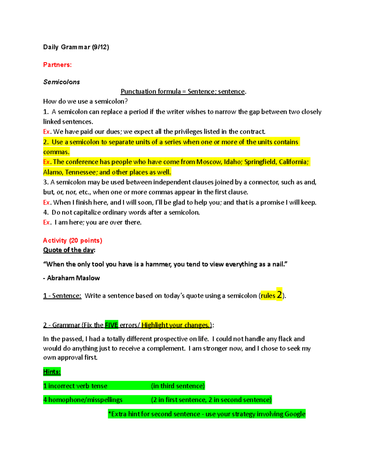 Lorelai Filosa - Daily Grammar (9 12) - Daily Grammar (9/12) Partners ...