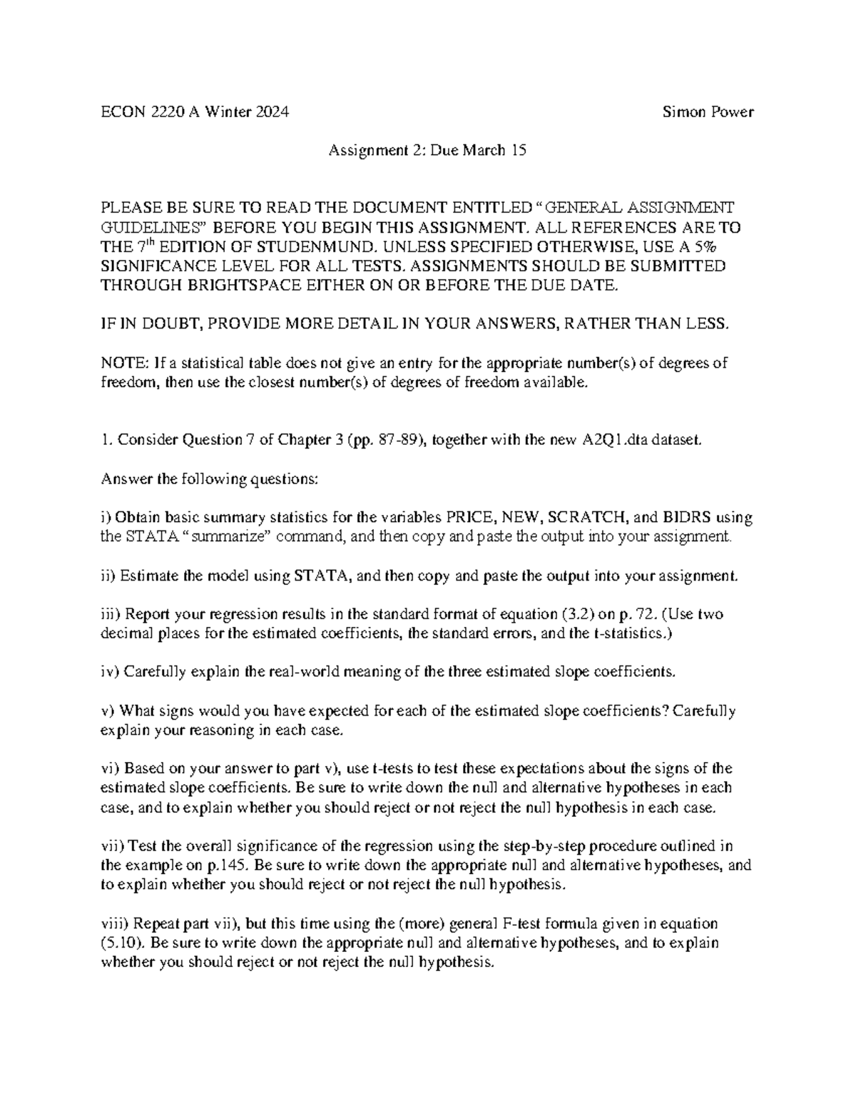 ECON 2220 A Winter 2024 Assignment 2 - ECON 2220 A Winter 2024 Simon ...