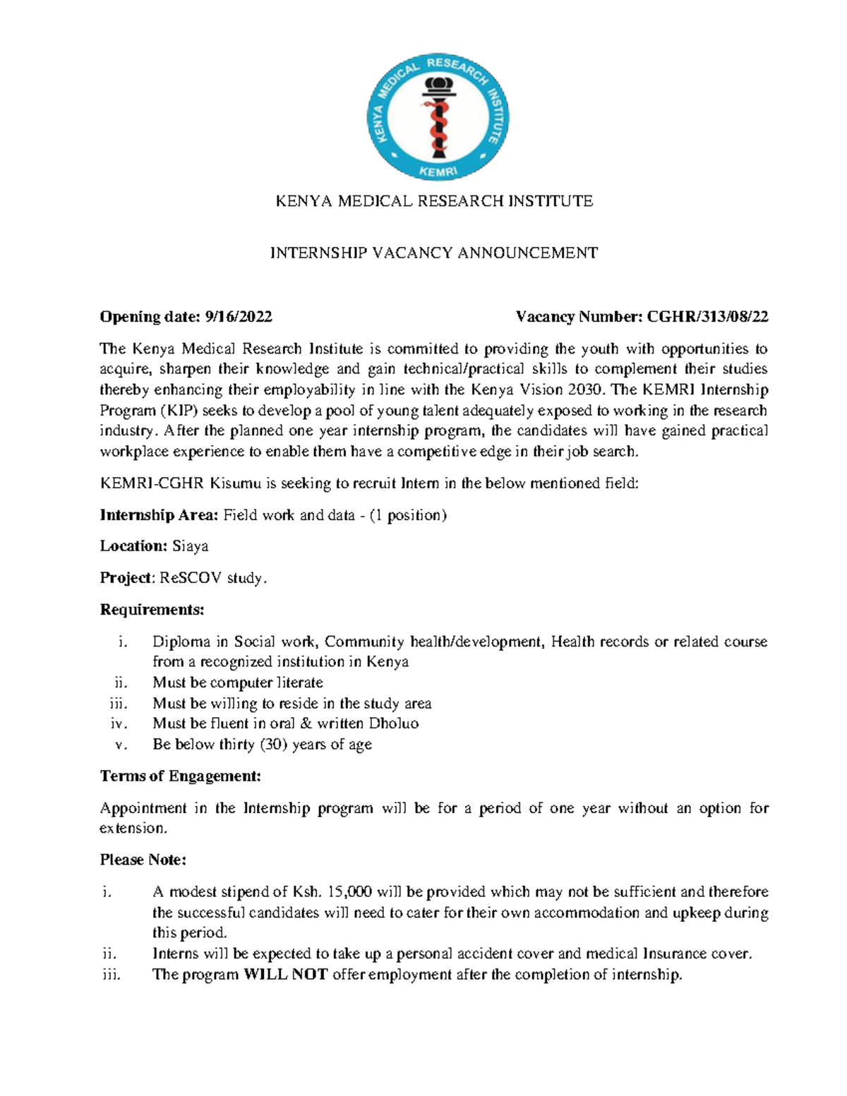 313 Field Technicians Intern - KENYA MEDICAL RESEARCH INSTITUTE ...
