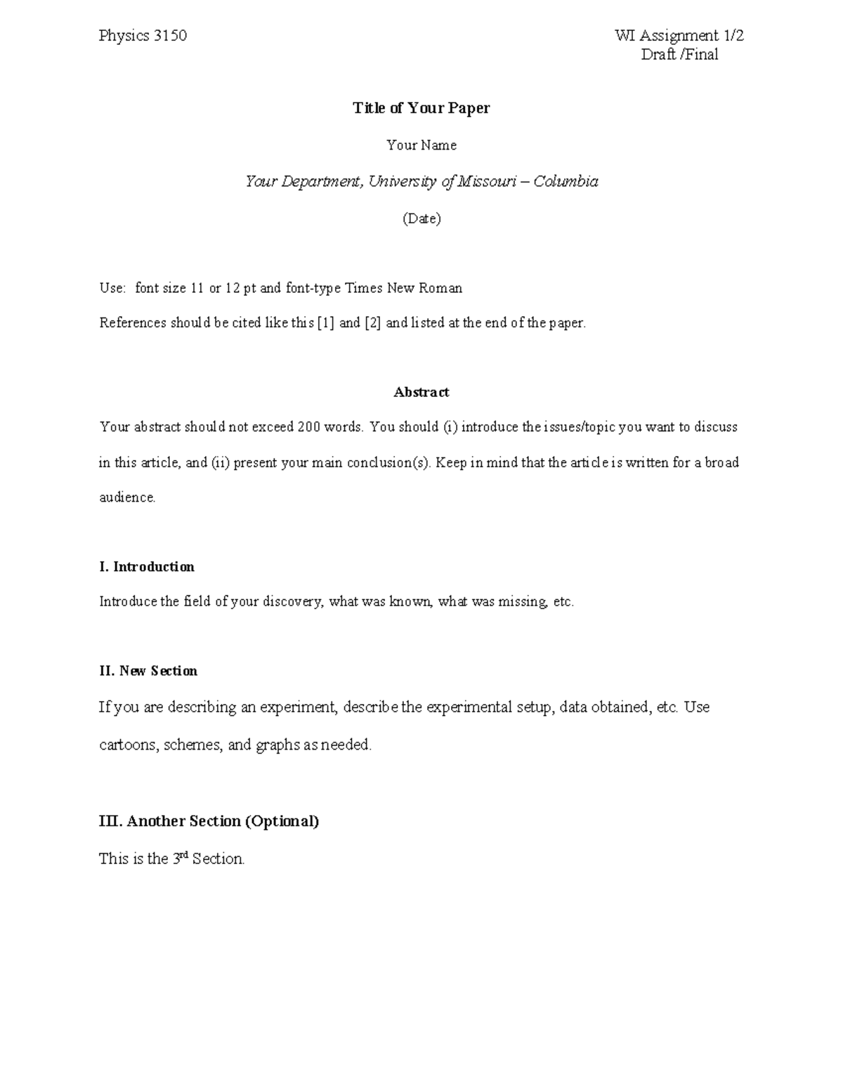 Template writing-assignment - Physics 3150 WI Assignment 1/ Draft ...