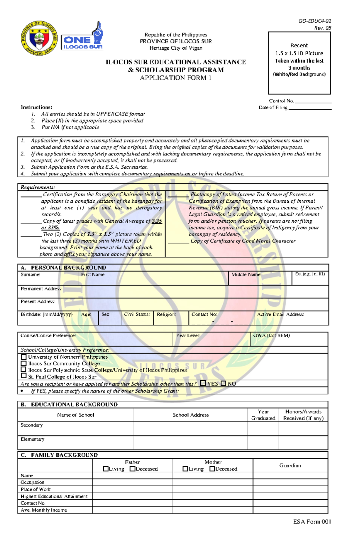Application Form - One Ilocos Sur - GO-EDUC4- Rev. 05 ESA Form 001 ...