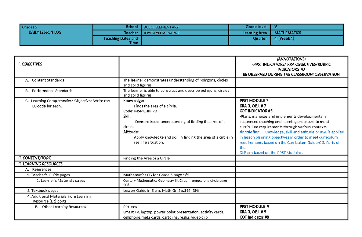 COT Lesson PLAN -Finding the Area of Circle - Grades 5 DAILY LESSON LOG ...