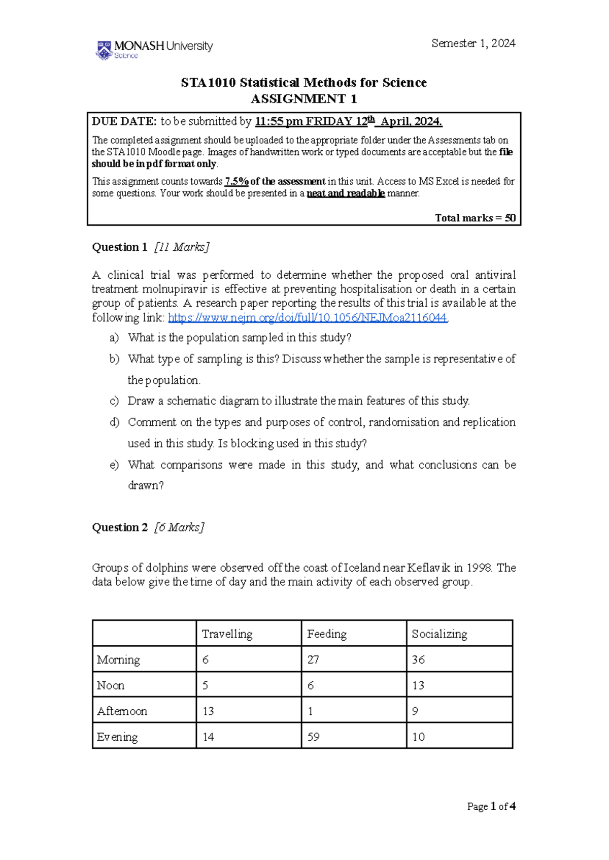 Assignment 1-S1-2024 - Semester 1, 2024 STA1010 Statistical Methods for Science ASSIGNMENT 1 DUE ...
