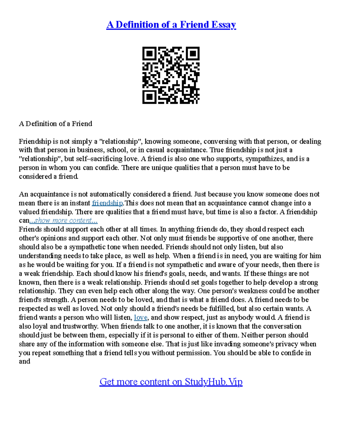 Definition Of A Essay - A Definition of a Friend Essay A Definition of ...