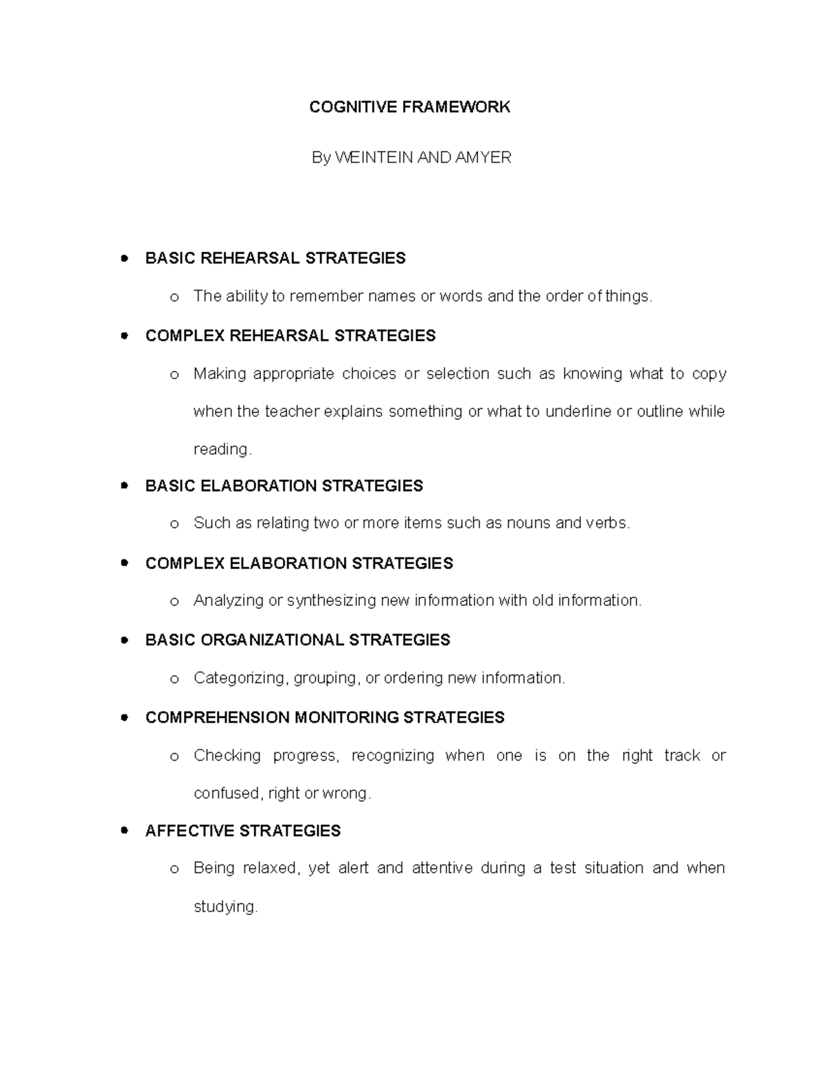 Cognitive Framework - Lecture notes 1 - Education - Studocu