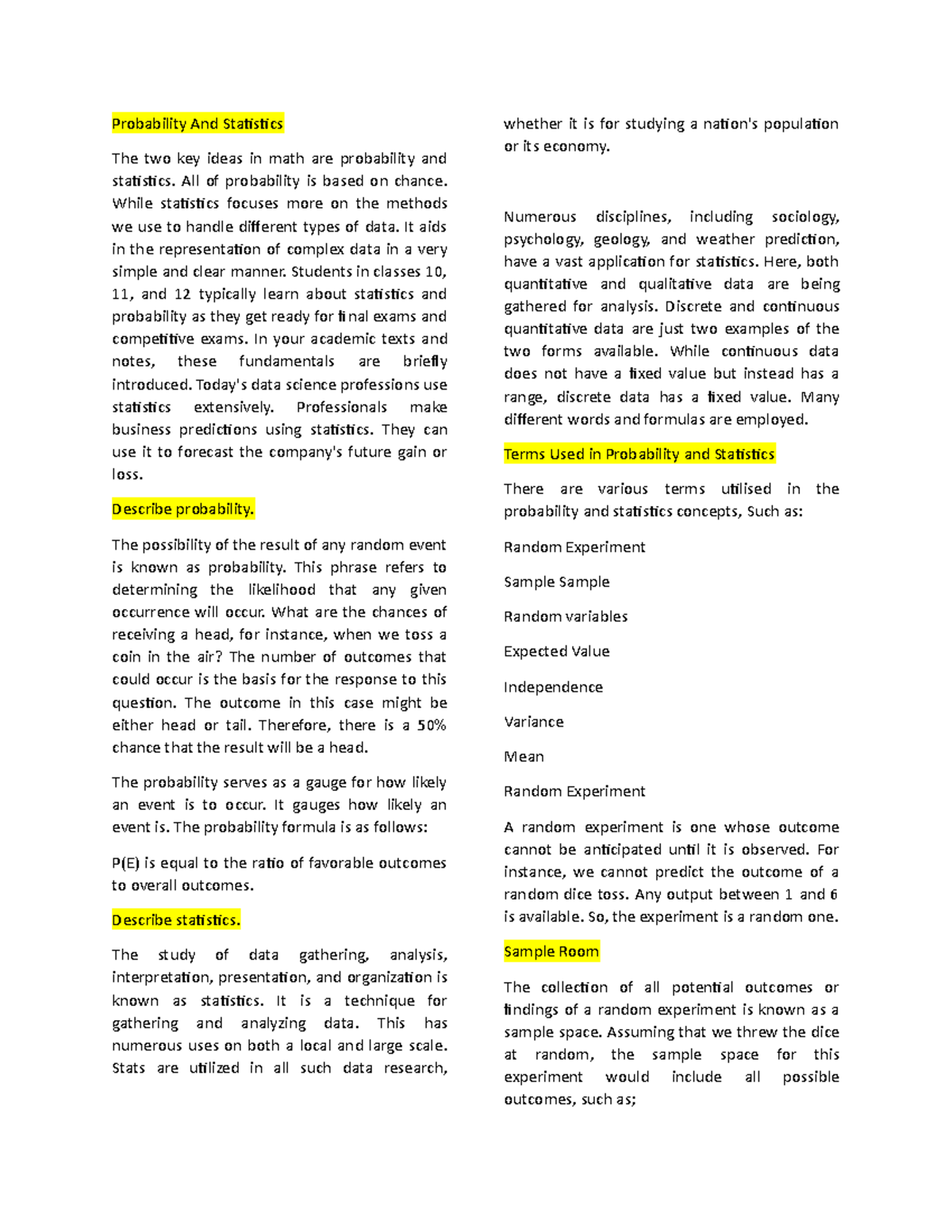 Probability And Statistics All Of Probability Is Based On Chance
