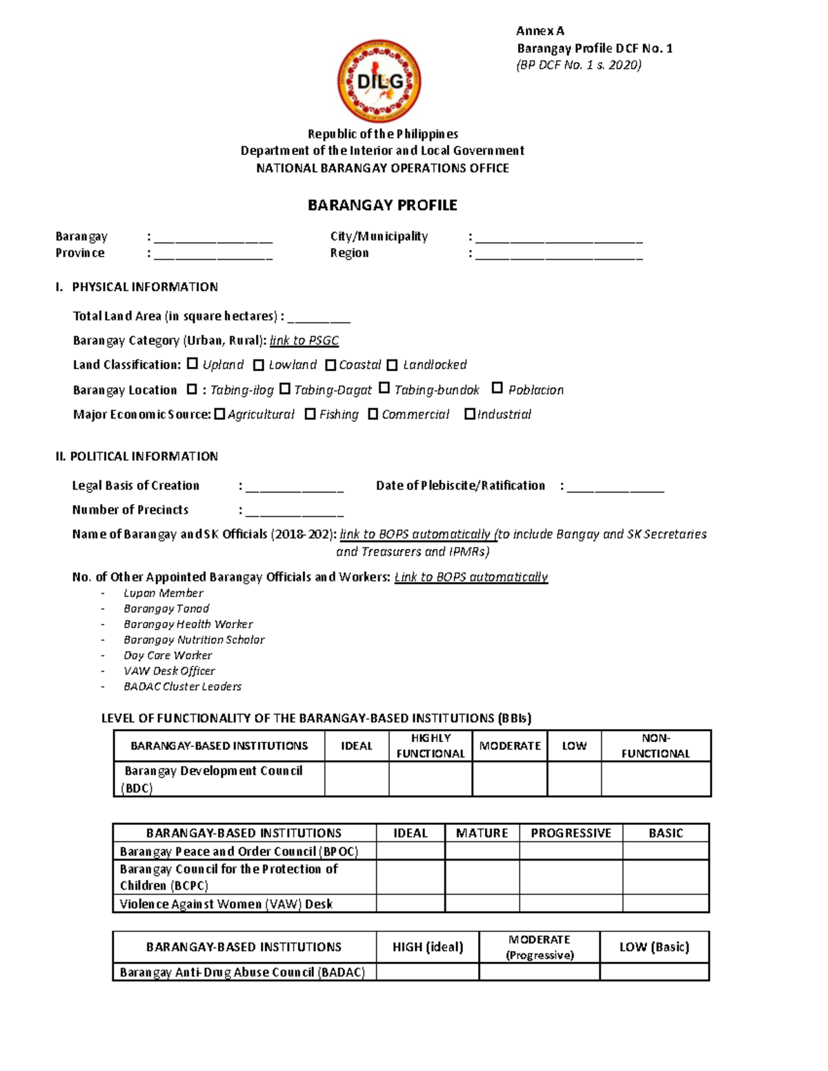 Toaz - Annex A Barangay Profile DCF No. 1 (BP DCF No. 1 s. 20 20 ...