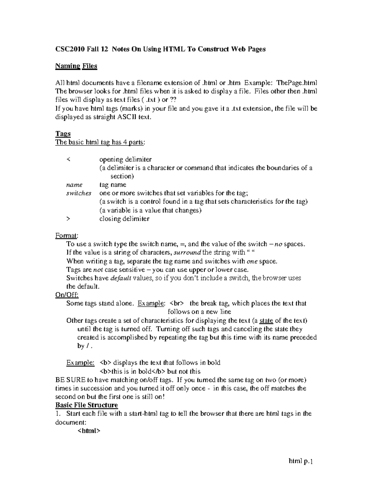 HTML Notes - CSC2010 Fall 12 Notes On Using HTML To Construct Web Pages ...