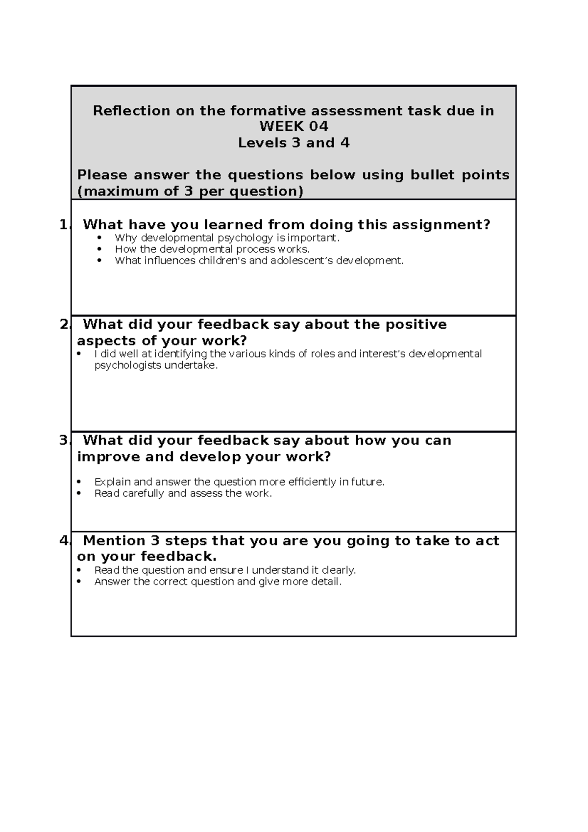 Reflective Form - Formative assessment 1 - Reflection on the formative ...
