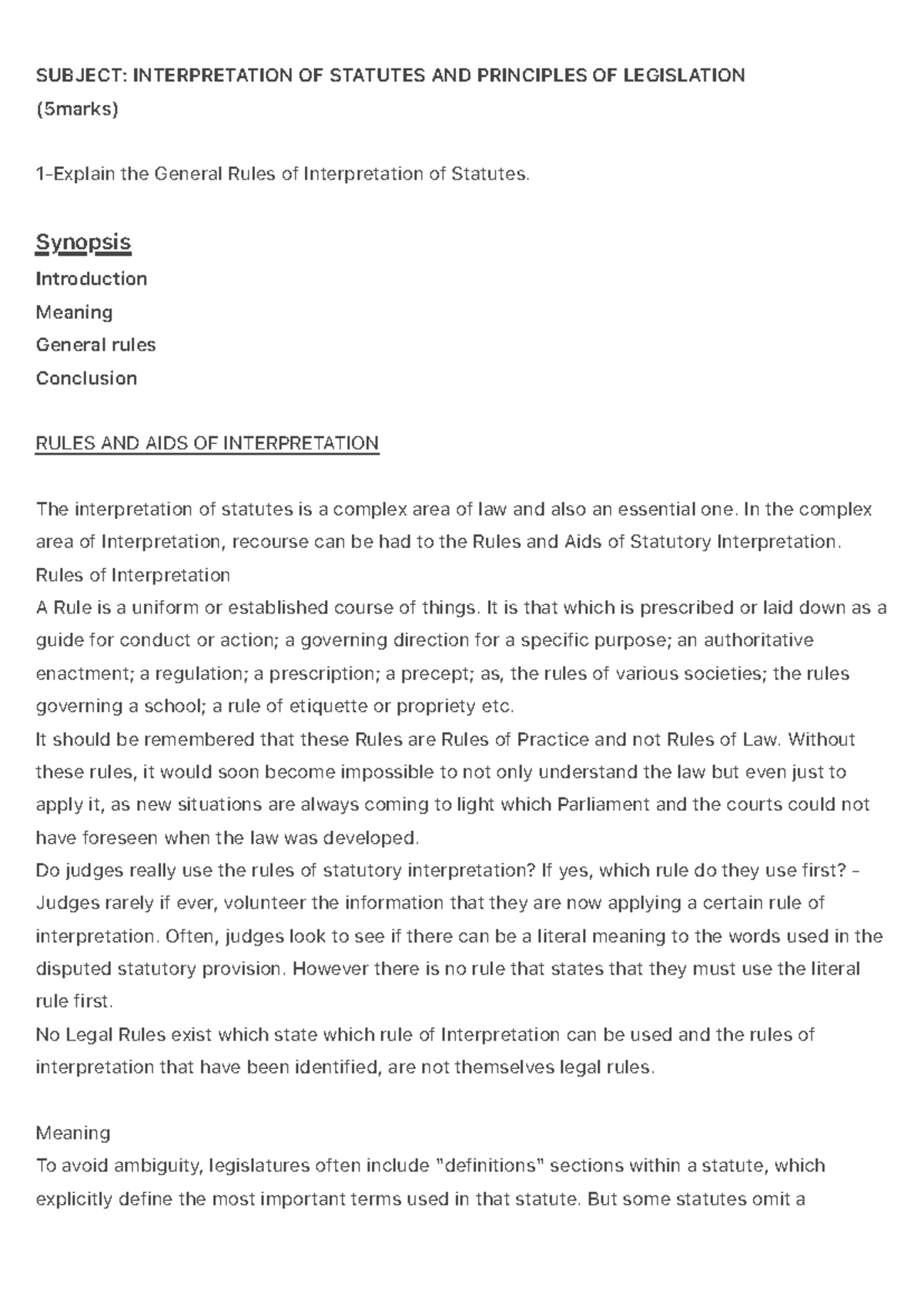 Subject Interpretation OF Statutes AND Principles OF Legislation ...