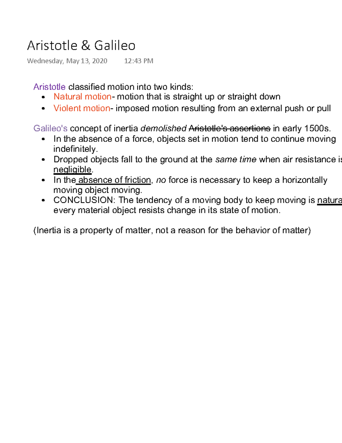 Aristotle & Galileo - Aristotleclassified motion into two kinds ...