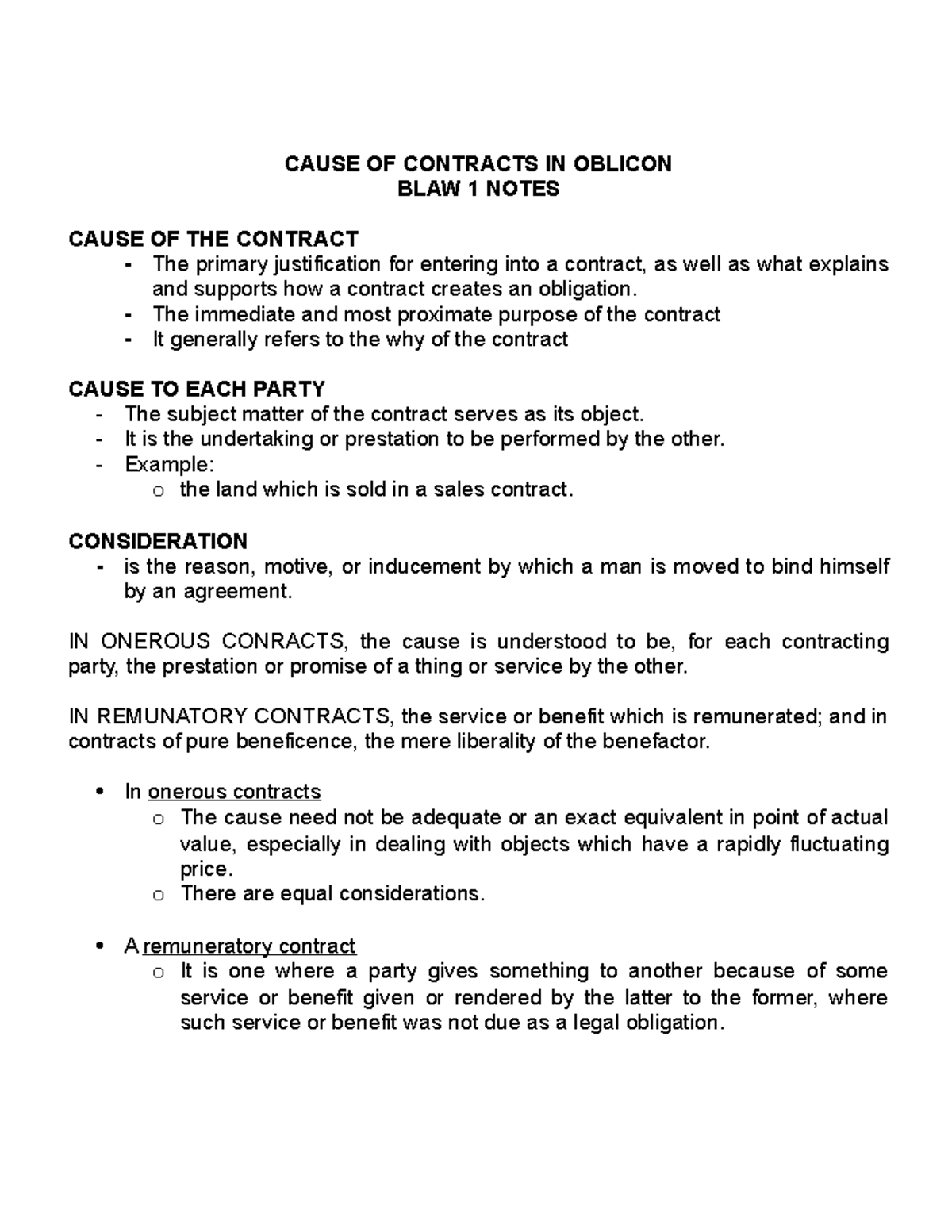 Cause of Contracts - The primary justification for entering into a ...