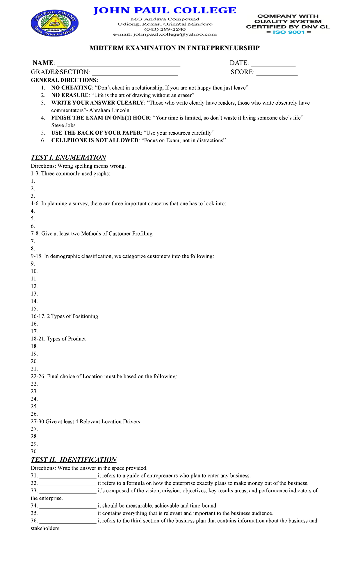 Midterm- Entrep - jqkrhlkwLFJKN,SNDHSfh - MIDTERM EXAMINATION IN ENTREPRENEURSHIP NAME : - Studocu