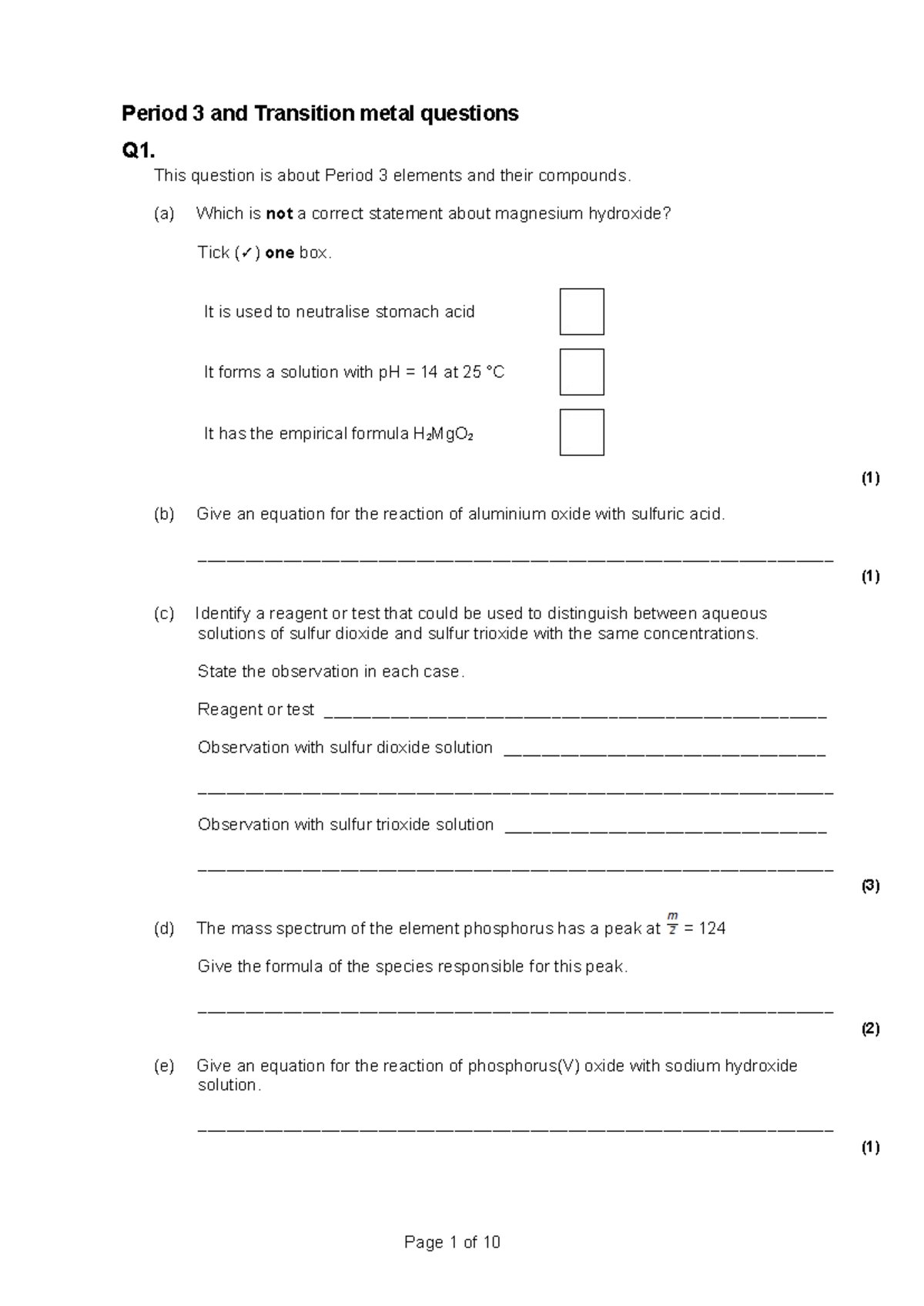 Period 3 and Transition Metals Exam Questions - Period 3 and Transition ...