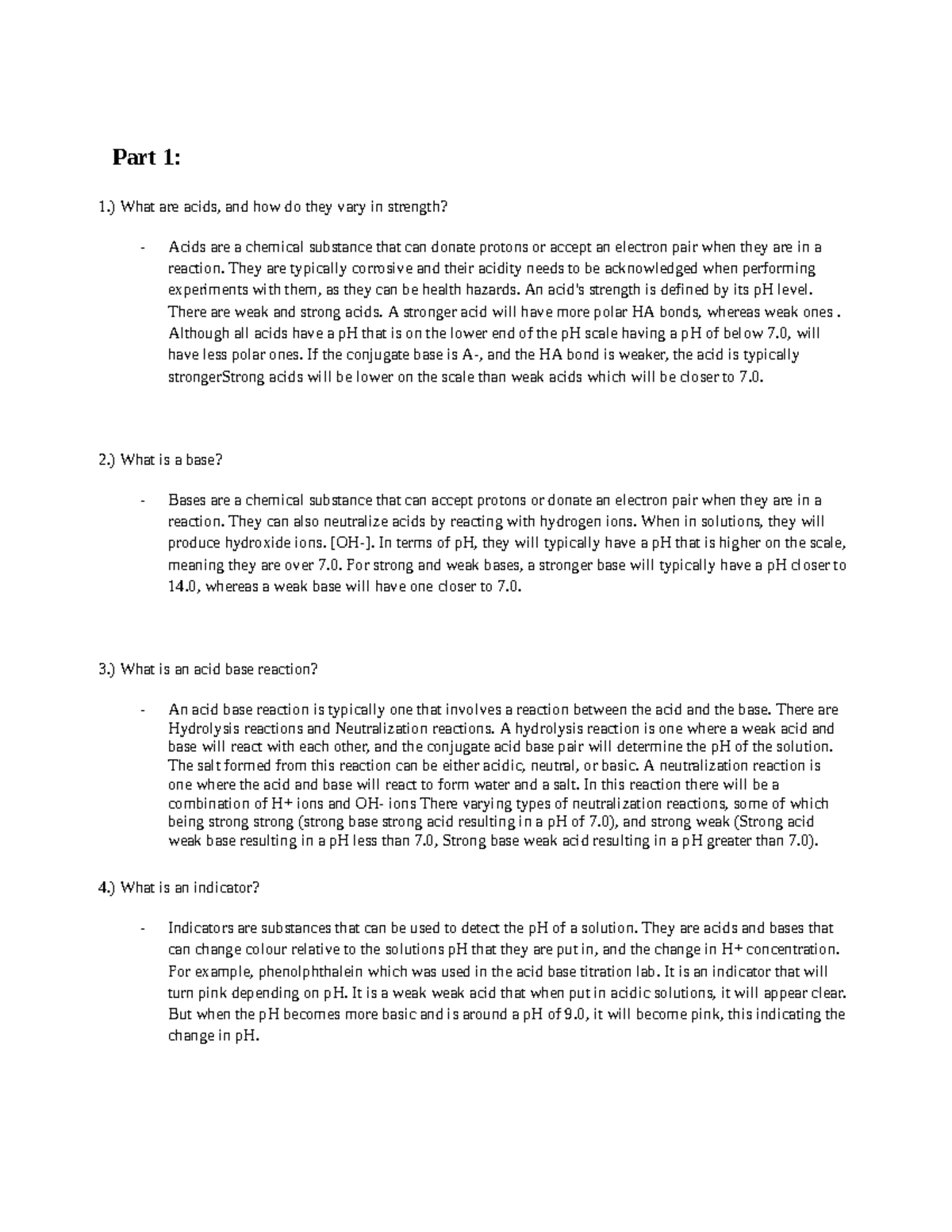 Lab 4- Acid Base Titrations - Part 1: 1.) What are acids, and how do ...