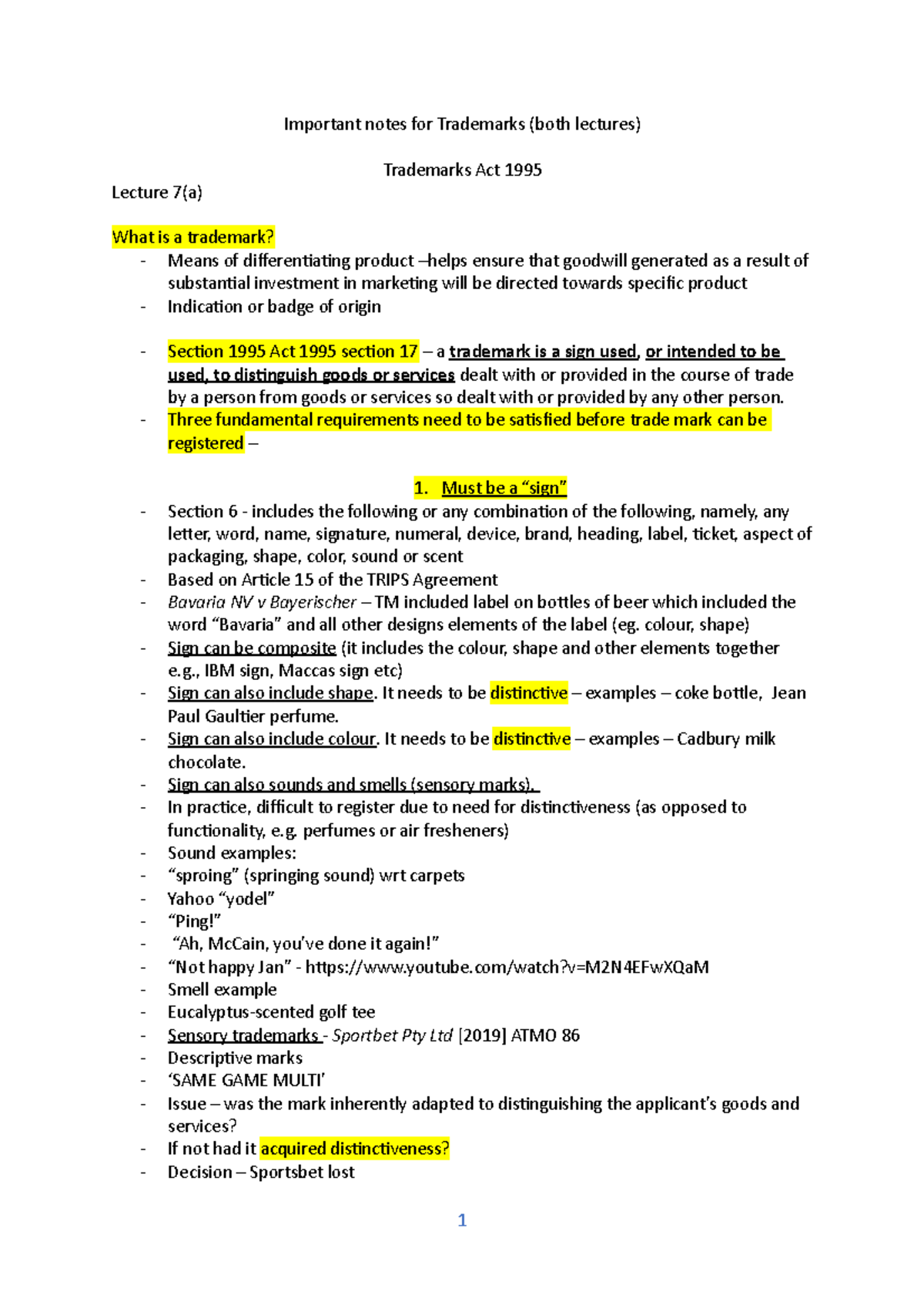 IP Notes for trademarks - Important notes for Trademarks (both lectures ...