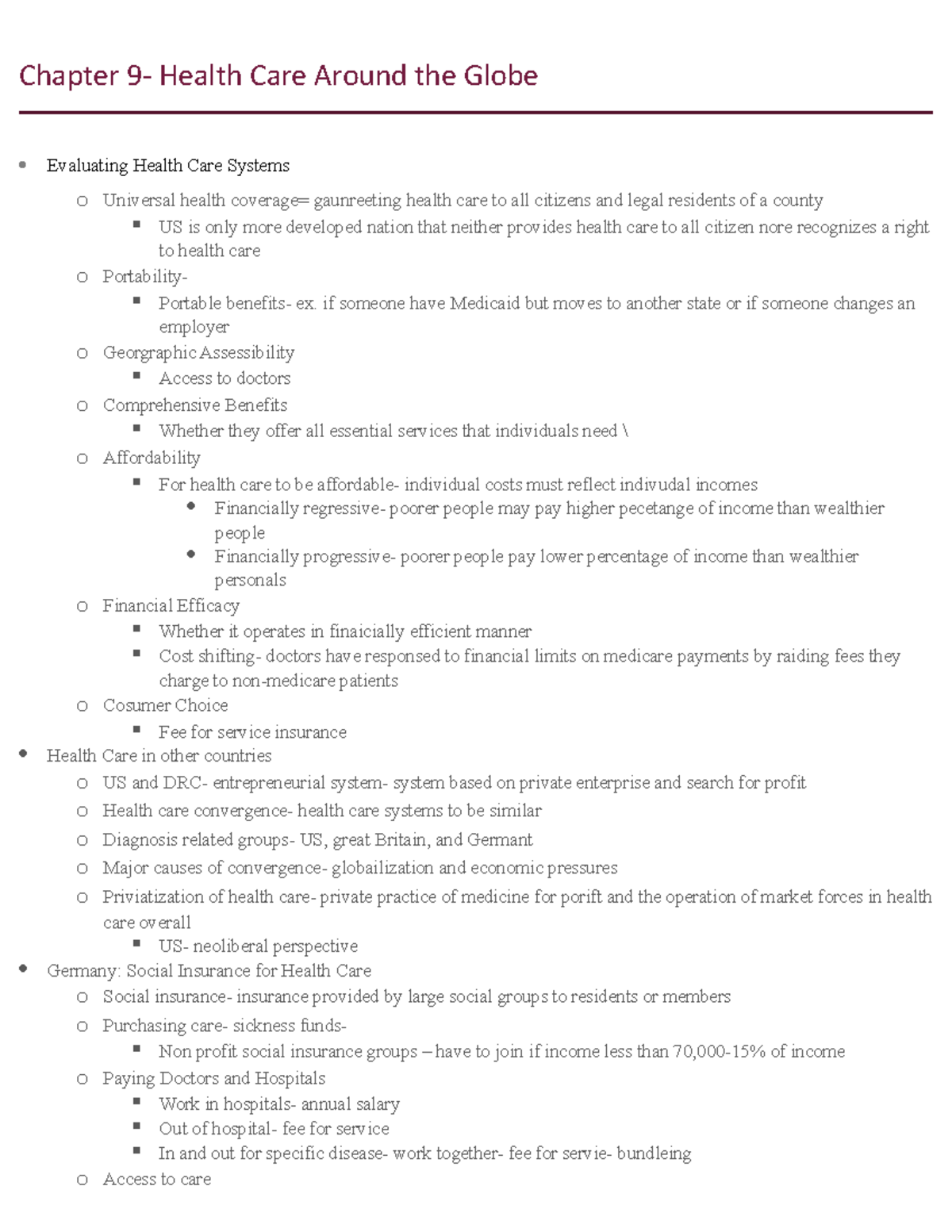 Chapter 9 - Lecture notes 9 - Chapter 9- Health Care Around the Globe ...