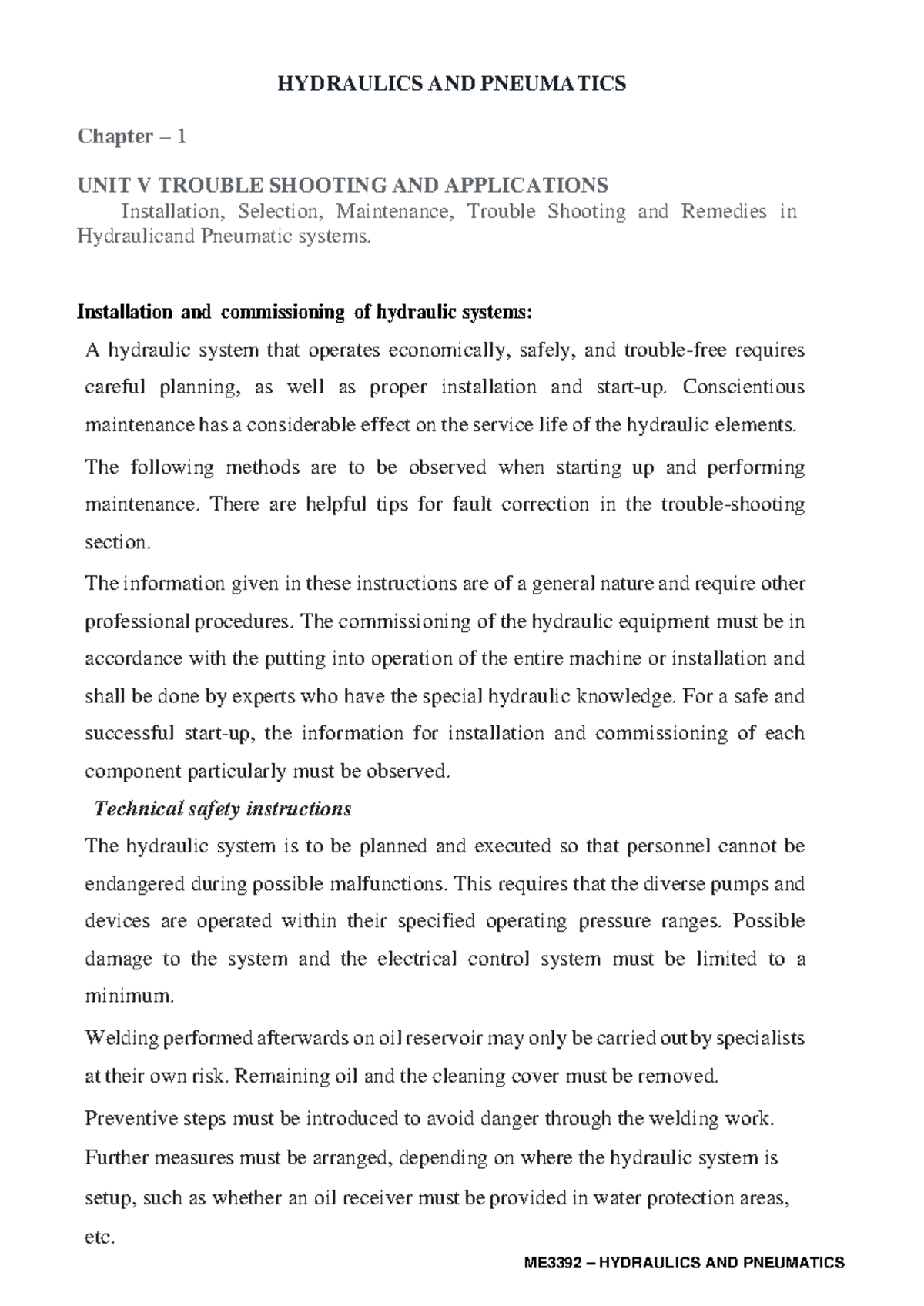 Unit 5 - Notes - HYDRAULICS AND PNEUMATICS Chapter – 1 UNIT V TROUBLE ...