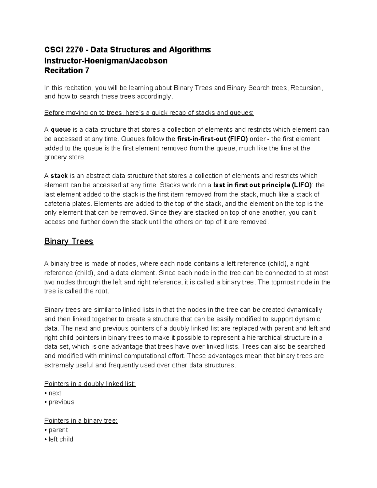 Recitation 7Writeup - CSCI 2270 - Data Structures and Algorithms Instructor-Hoenigman/Jacobson ...