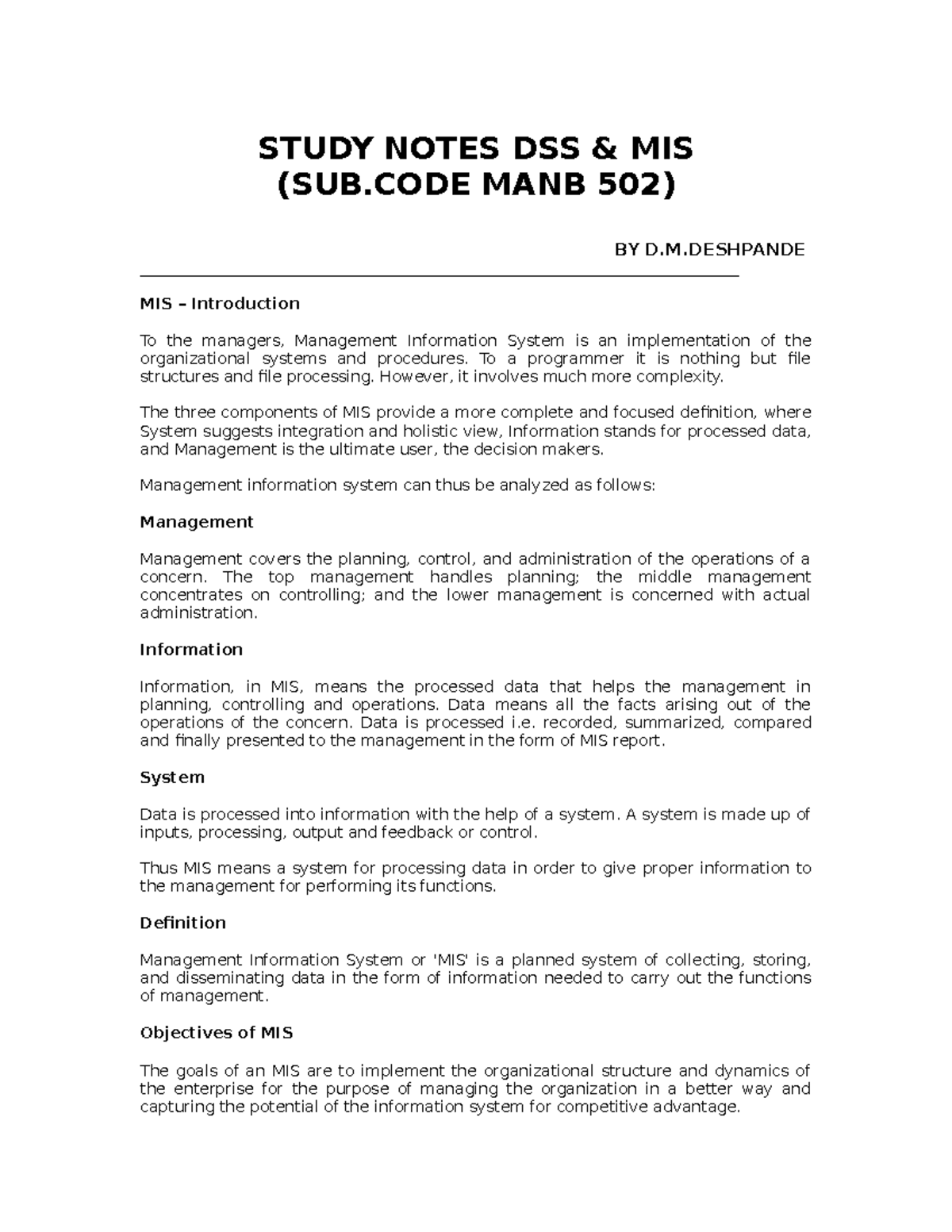 DSS MIS - Dss and mis for mba 2nd yr 4th sem student - STUDY NOTES DSS ...