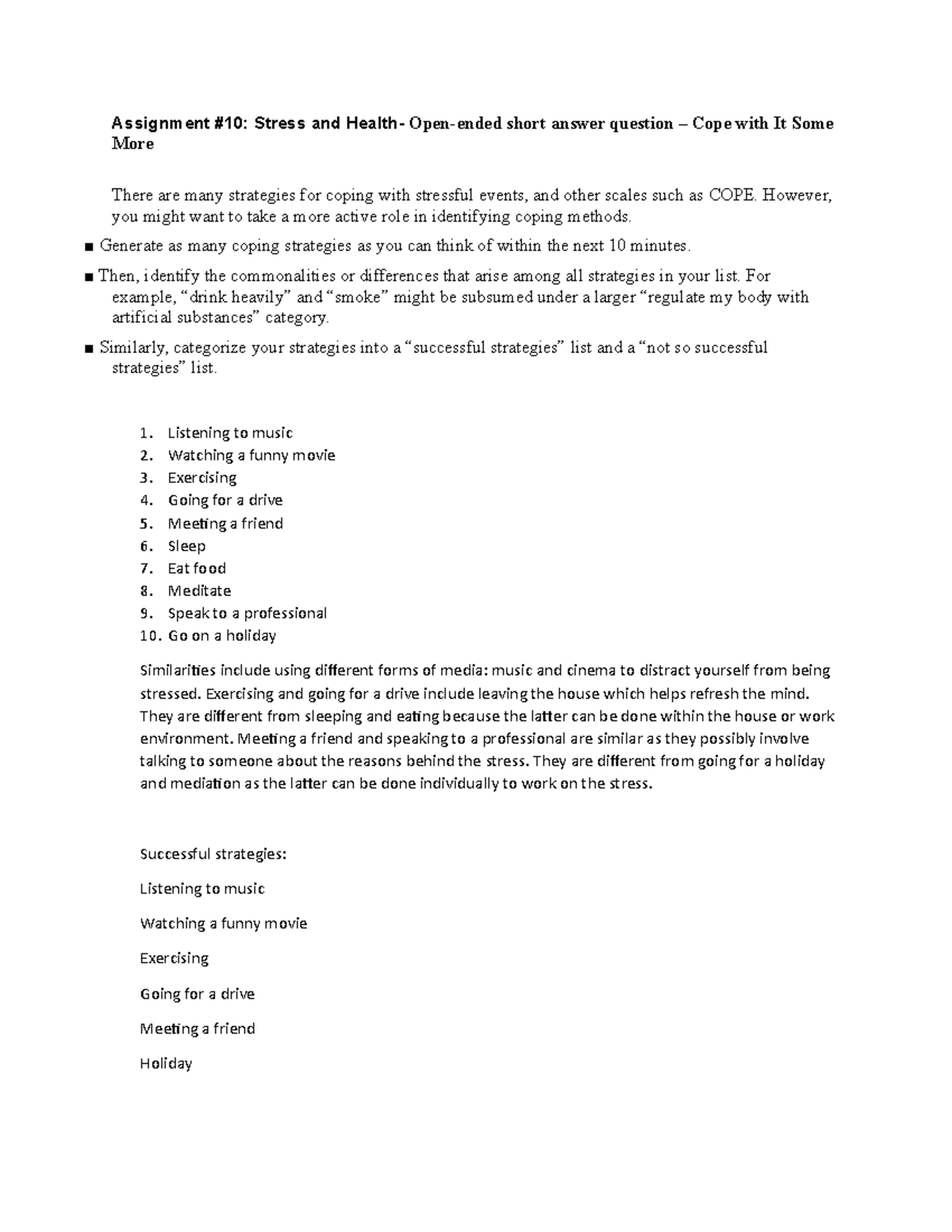 Assignment 10 - Homework - Assignment #10: Stress and Health- Open-ended short answer question ...