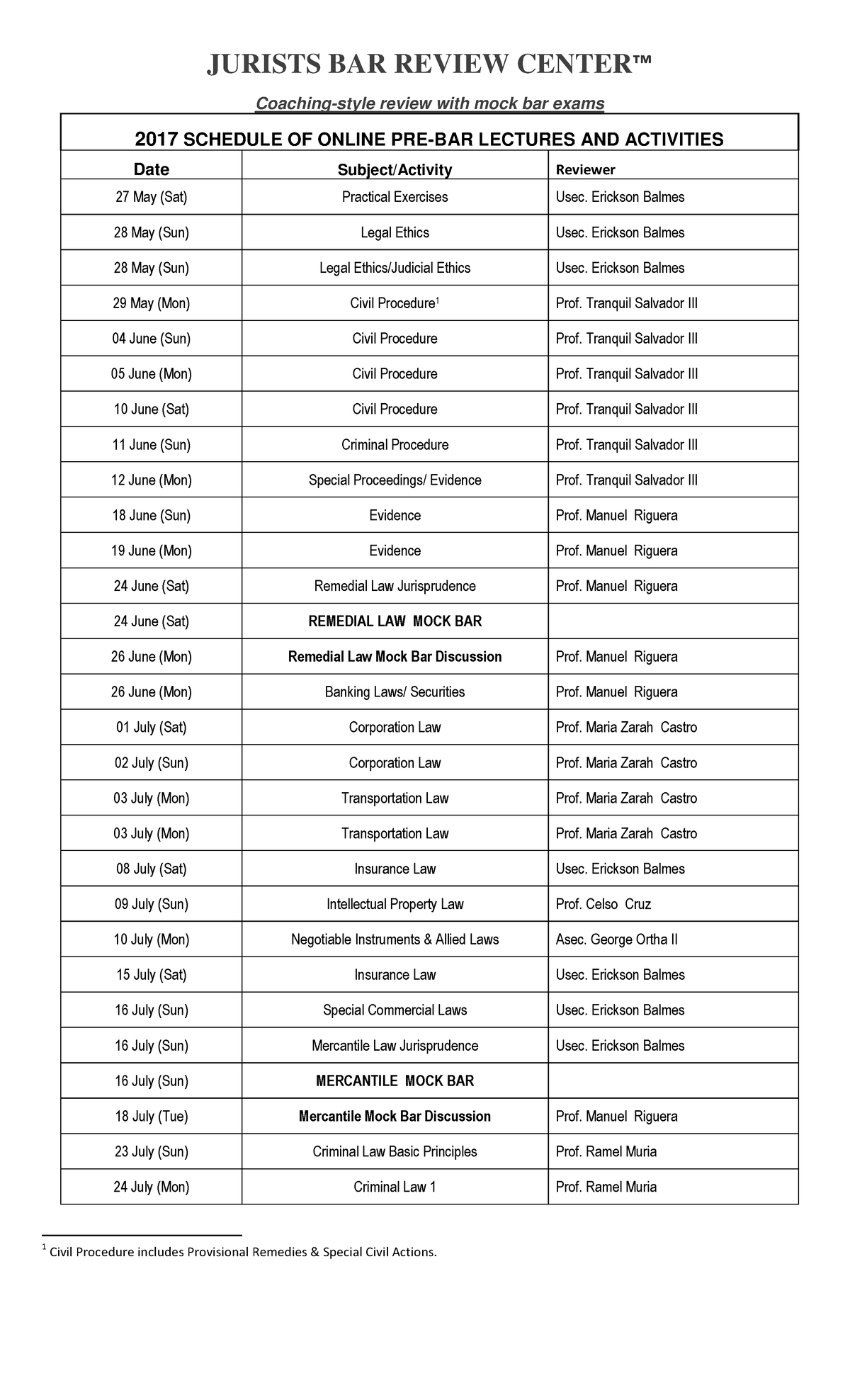 Lecture Schedule - JURISTS BAR REVIEW CENTER™ Coaching-style review ...