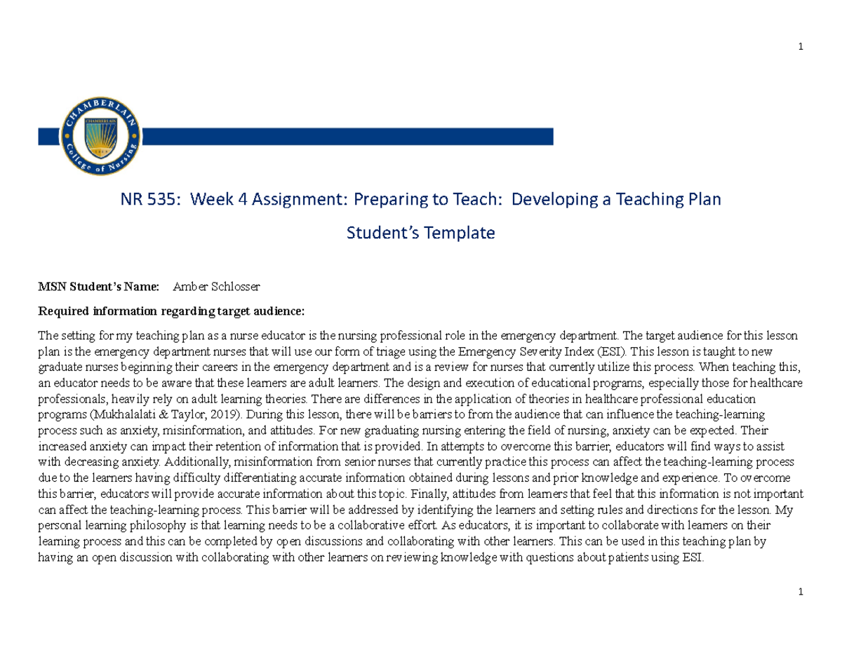 Week 4 Teaching Plan - NR 535: Week 4 Assignment: Preparing to Teach ...