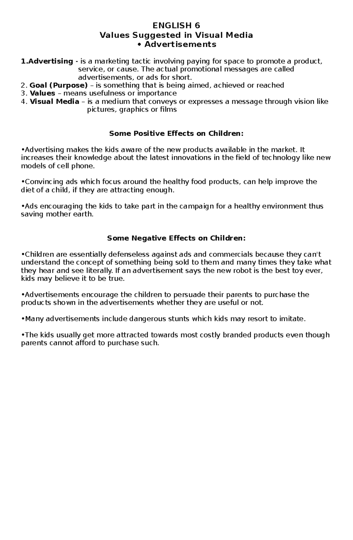 English 6- Advertisement - ENGLISH 6 Values Suggested in Visual Media ...