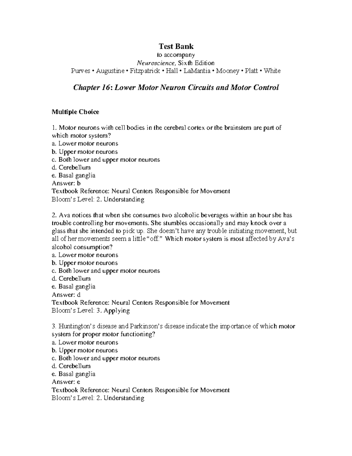 Neuroscience 6e Ch16 Test Bank - Test Bank to accompany Neuroscience ...