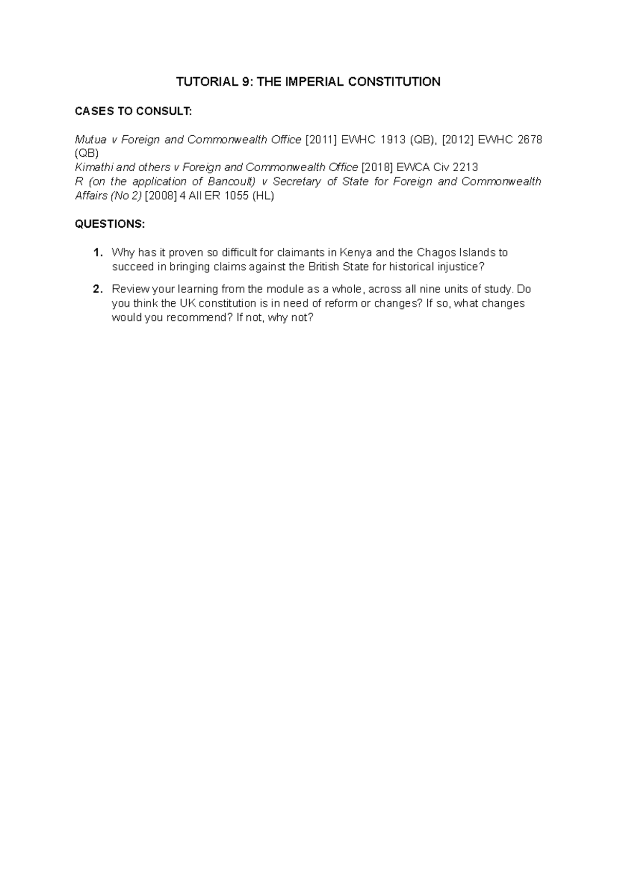 LW2120 Tutorial 9 - T9 seminar questions - TUTORIAL 9: THE IMPERIAL ...