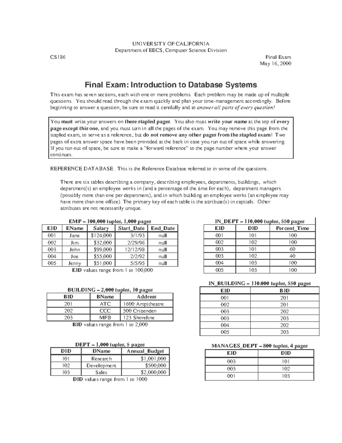 Final Exam Introduction to Database Systems - UNIVERSITY OF CALIFORNIA Department of EECS ...