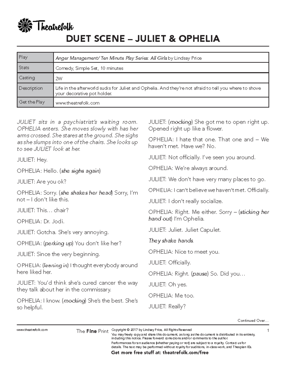 Duet scene juliet and ophelia from anger management - theatrefolk The ...