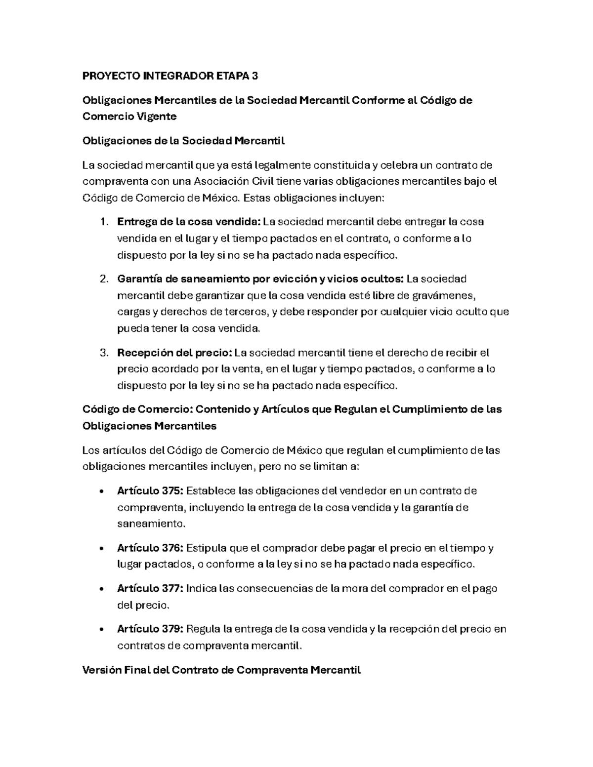 A7 GAMF - PROYECTO INTEGRADOR ETAPA 3 Obligaciones Mercantiles de la Sociedad Mercantil Conforme ...