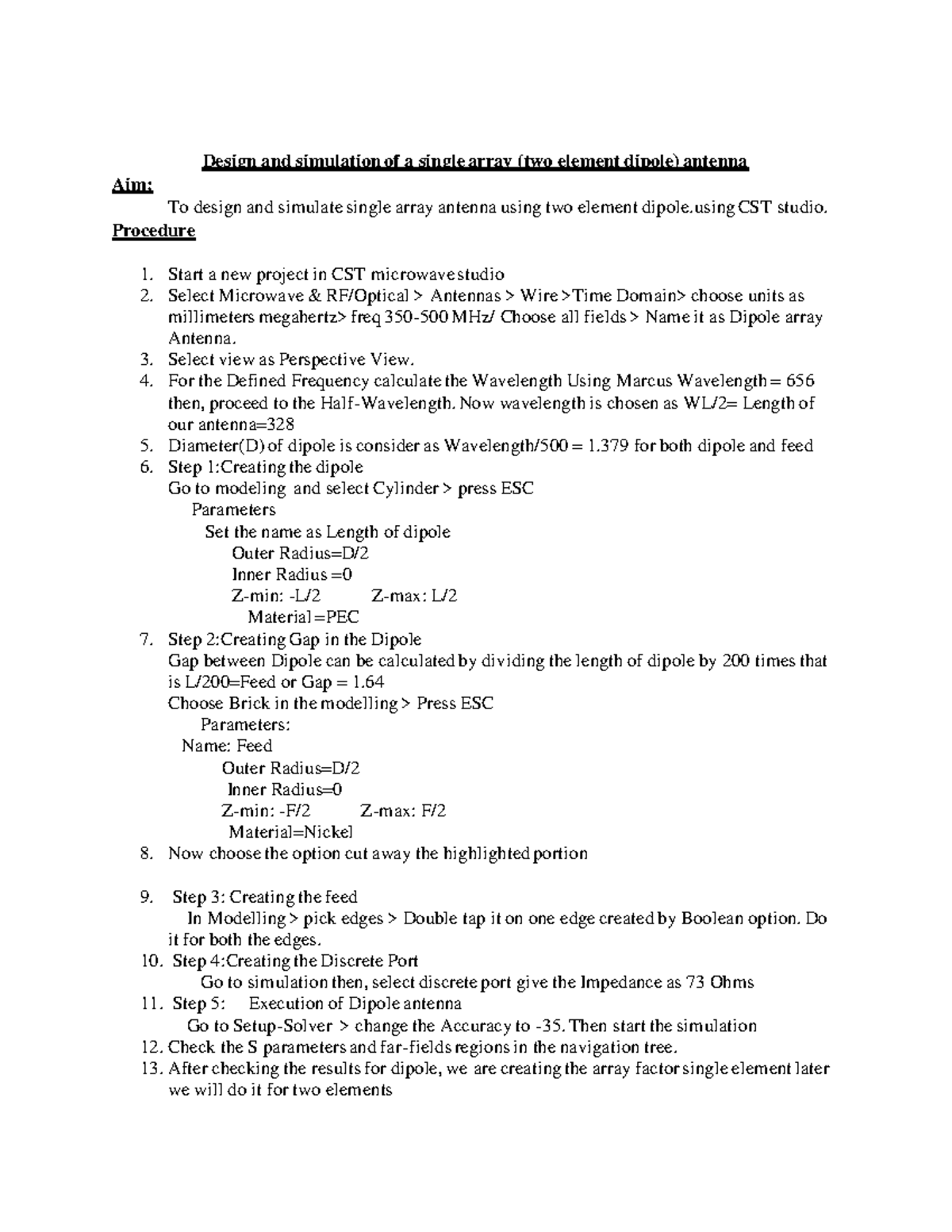 Two array antenna lab report - Design and simulation of a single array (two element dipole ...