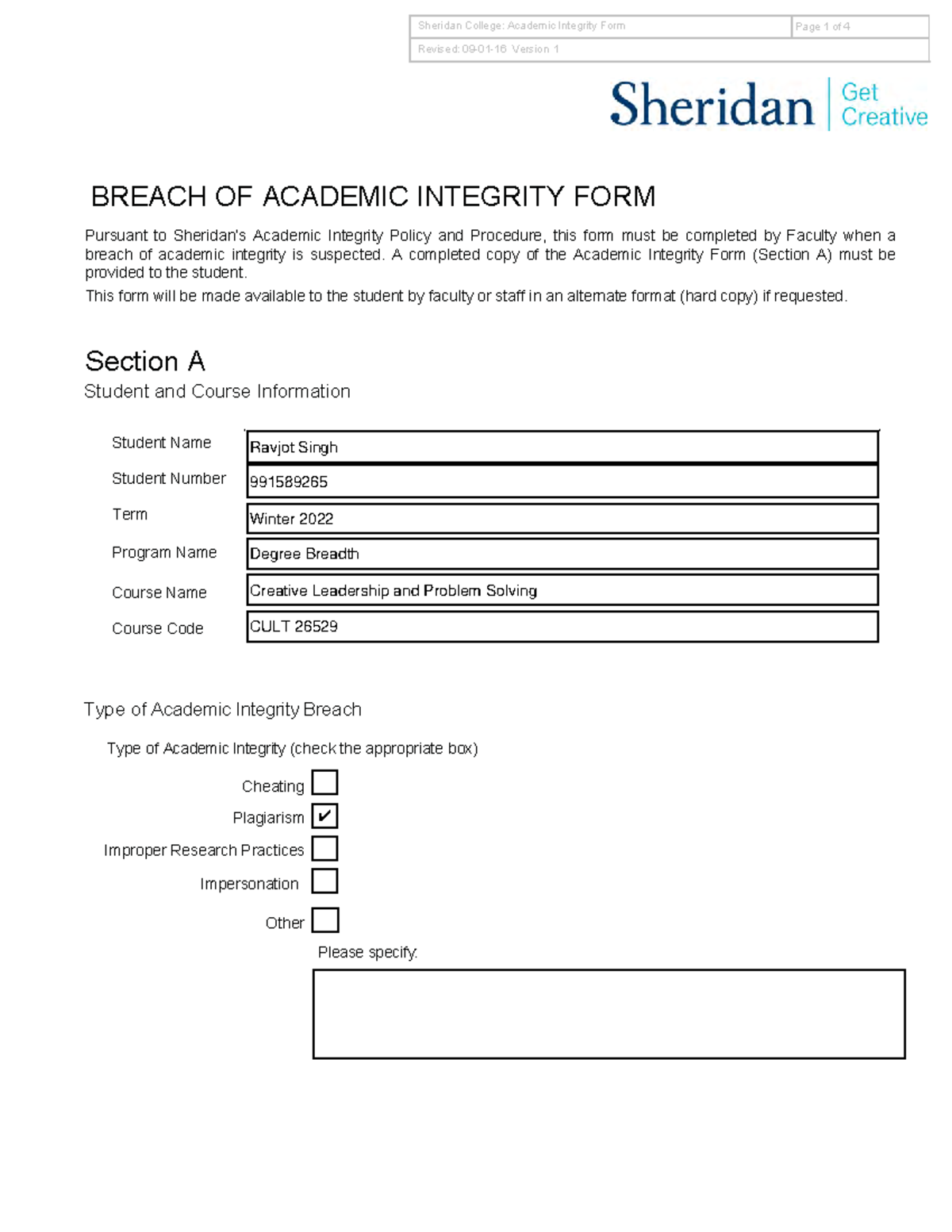 Academic Integrity Breach of Form Singh (1) - St udent Name St udent ...