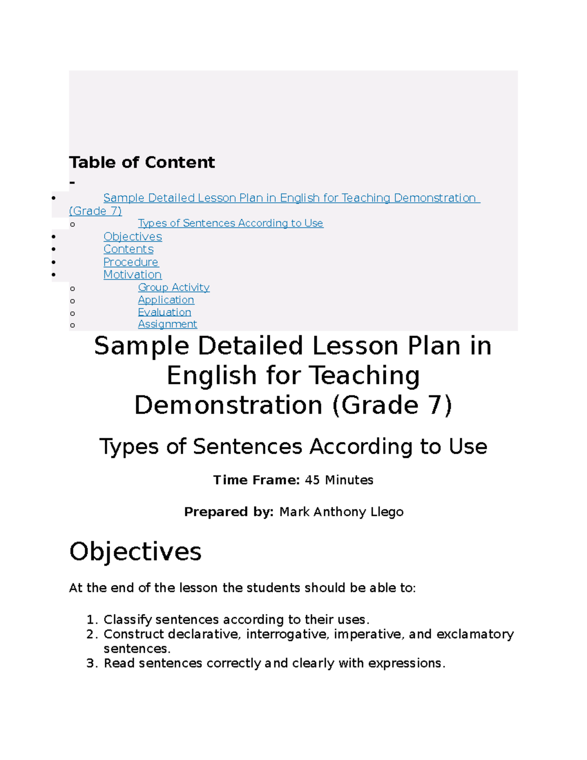 Lesson Plan in English HS - Classify sentences according to their uses ...