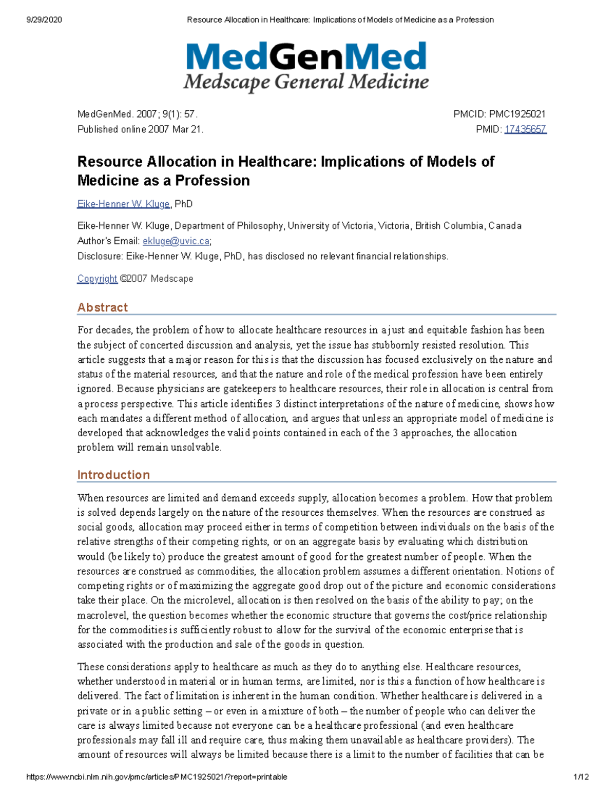 Resource Allocation in Healthcare Implications of Models of Medicine as ...