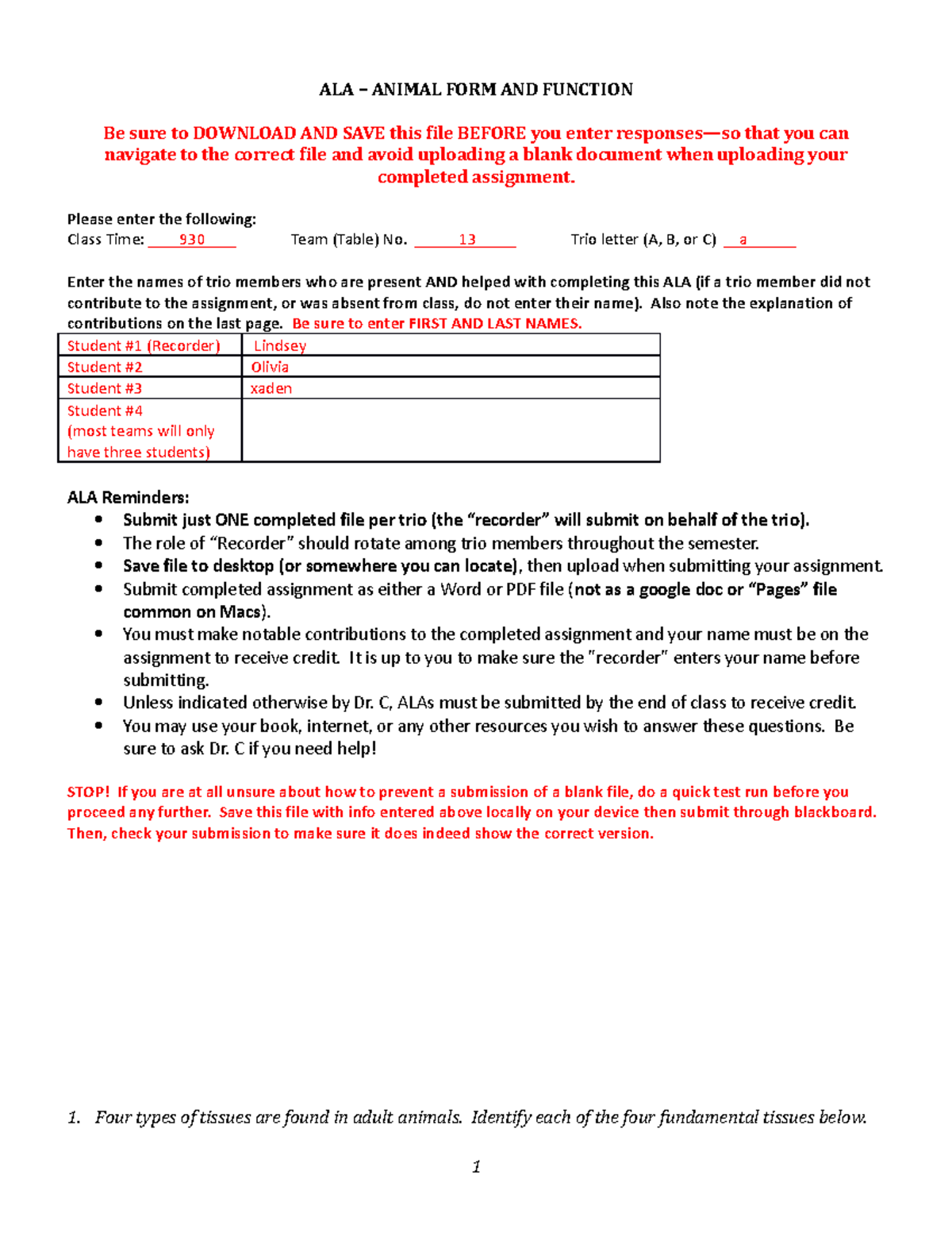 Completed ALA-Animal Form - ALA – ANIMAL FORM AND FUNCTION Be sure to ...
