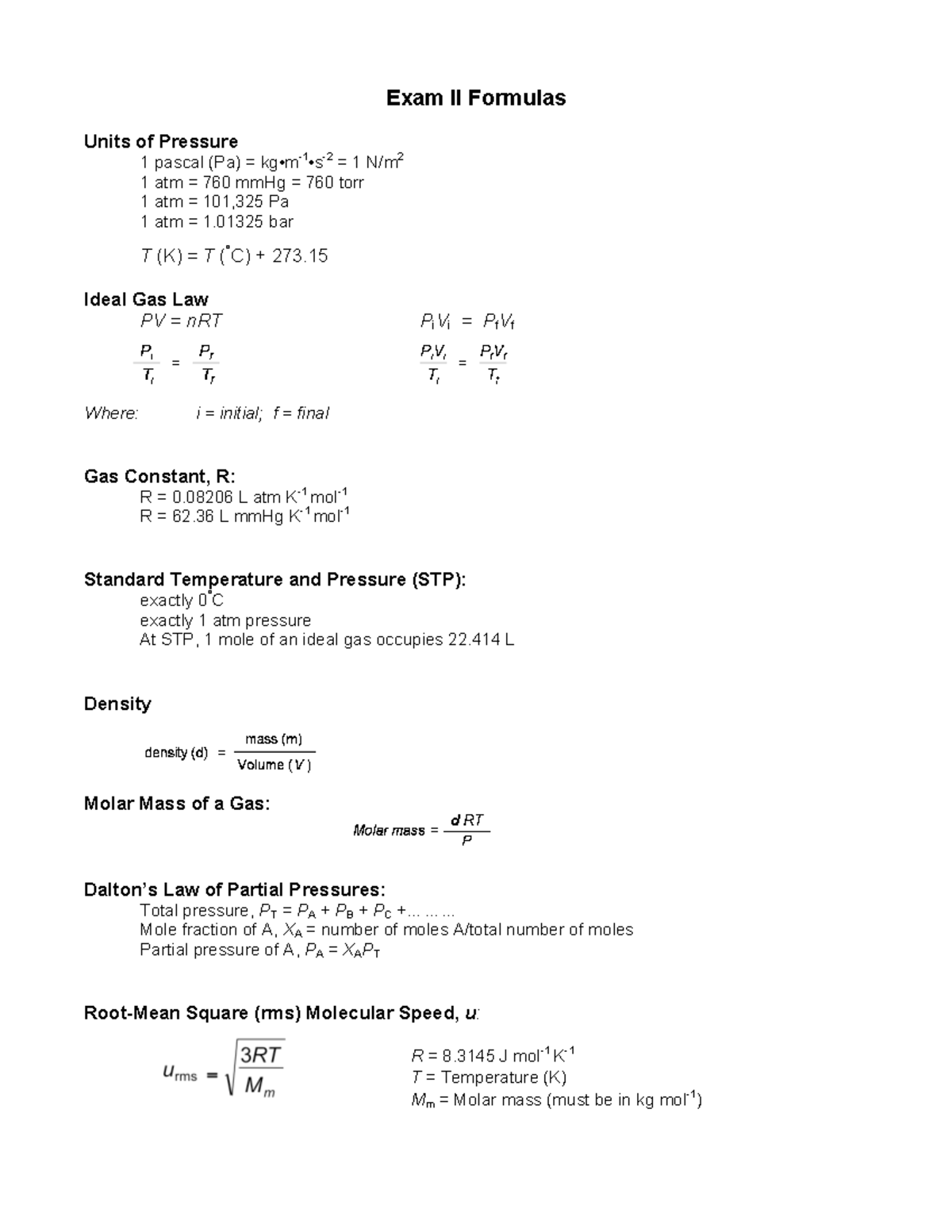 Exam II Formulas FALL 2016 - Exam II Formulas Units of Pressure 1 ...