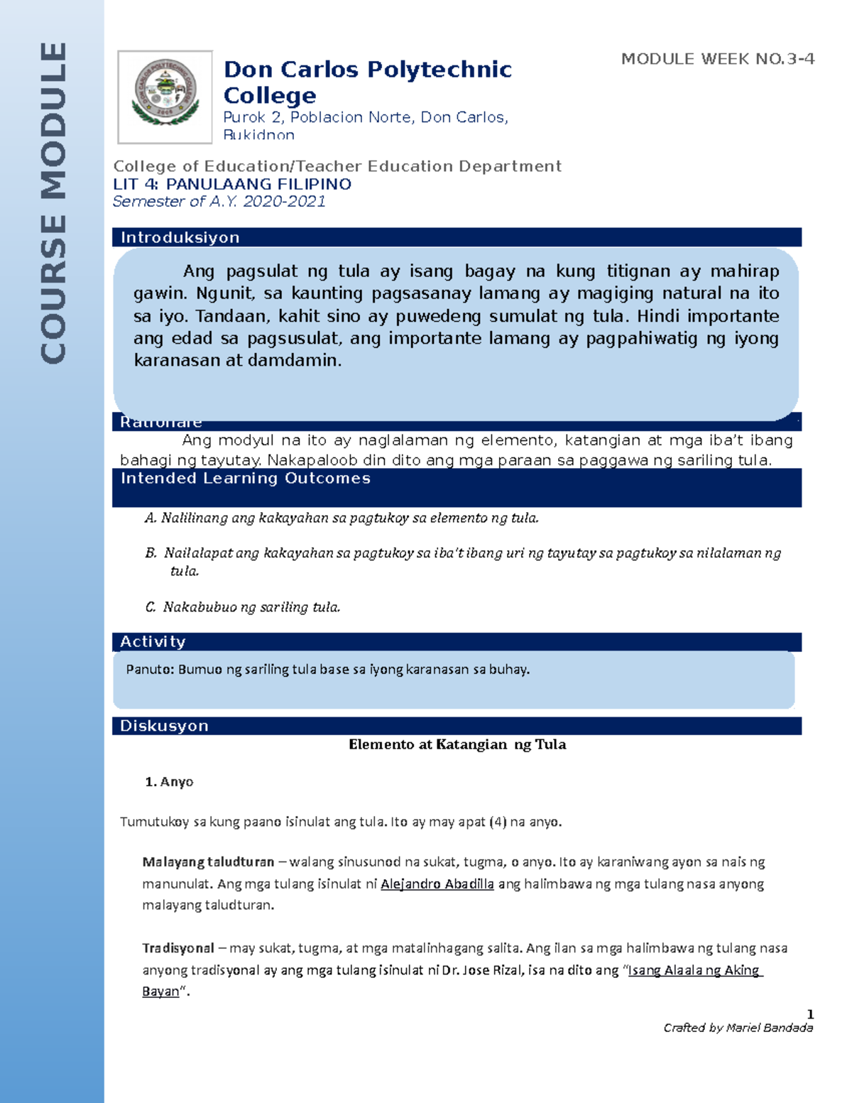 Lit. 4 Module 3-4 - Lecture notes 3-4 - College of Education/Teacher ...