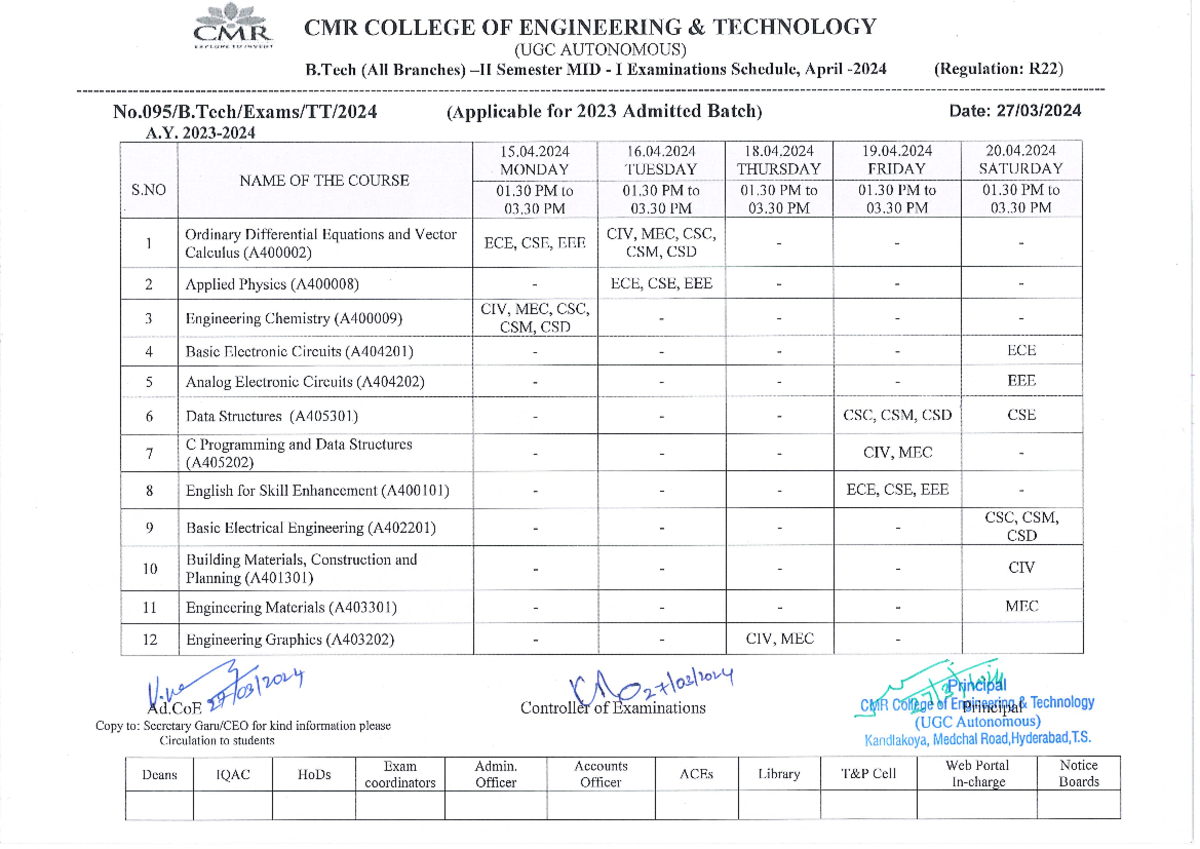 B.Tech II Semester Mid-I Examinations Schedule April-2024 - Computer Science And Engineering ...