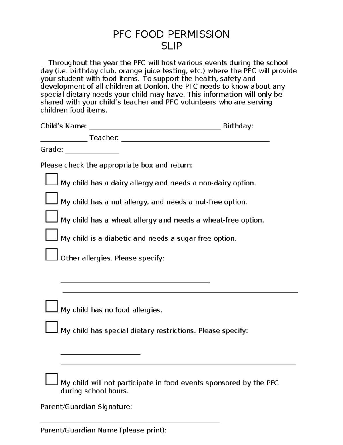PFC FOOD Permission SLIP - PFC FOOD PERMISSION SLIP Throughout the year ...