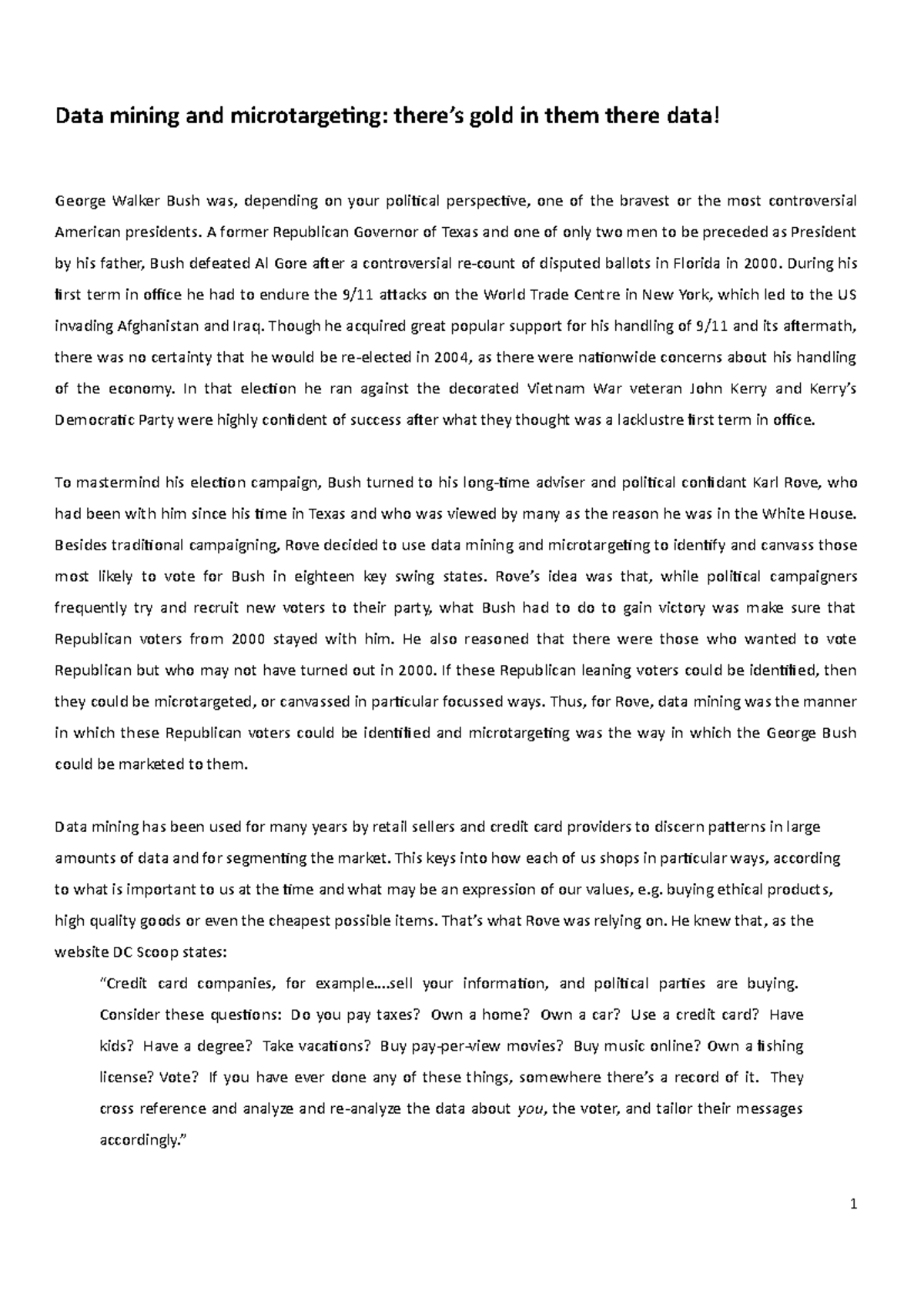 Data Mining Case Study Student Copy - Data mining and microtargeting ...