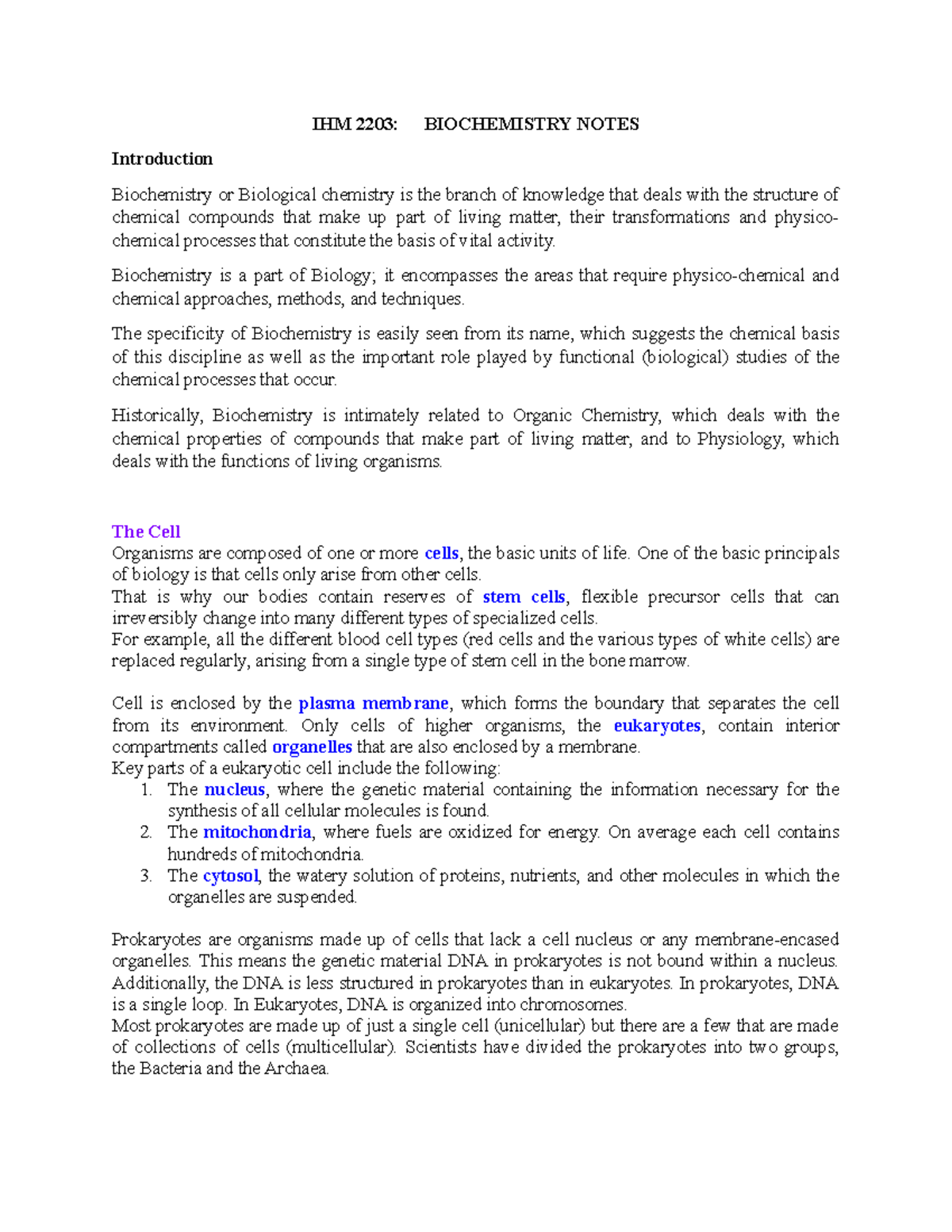 IHM 2203 Notes - IHM 2203: BIOCHEMISTRY NOTES Introduction Biochemistry ...