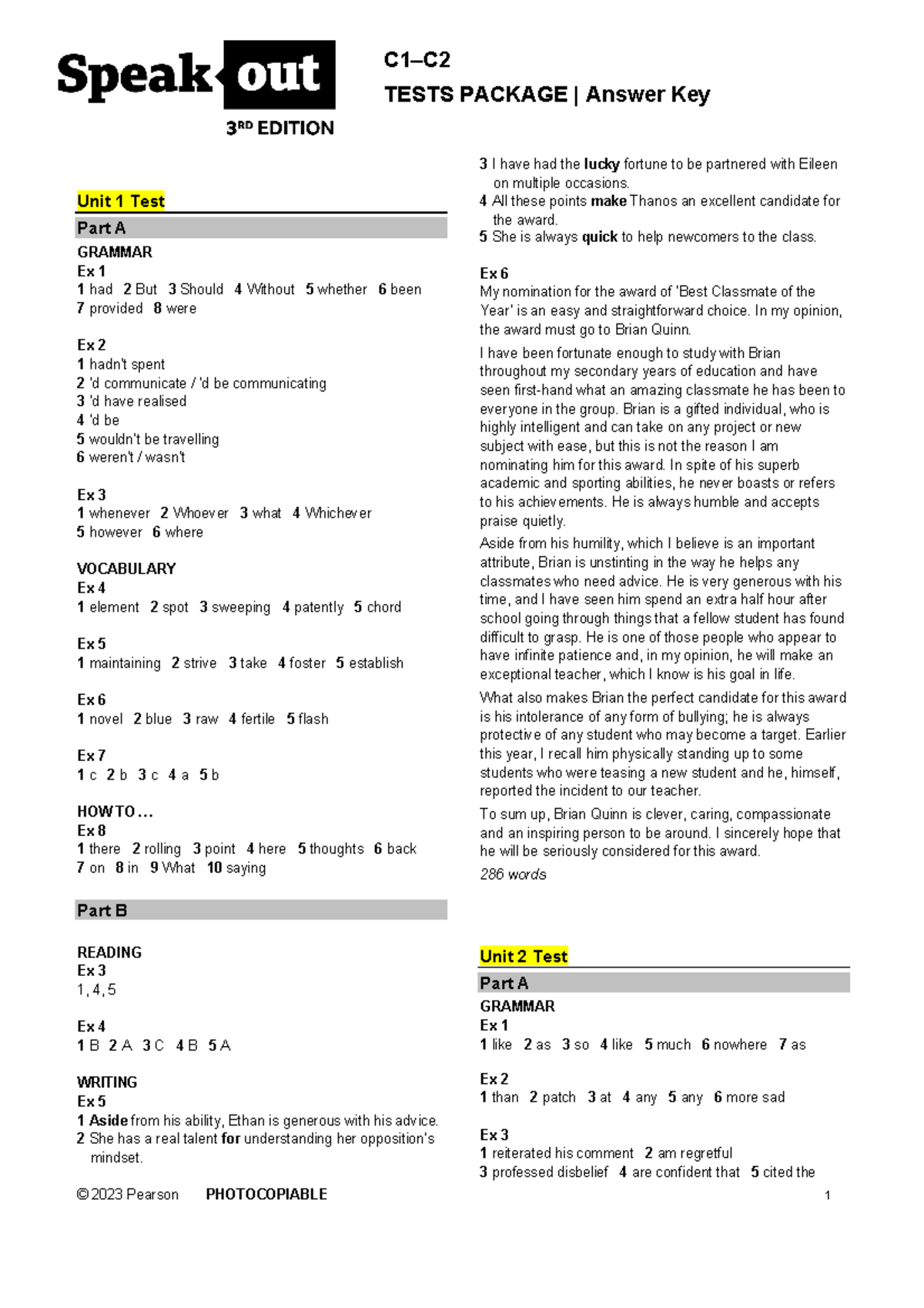 Practice Test U1-2 MOCK Answer Key - © 2023 Pearson PHOTOCOPIABLE 1 C1 ...