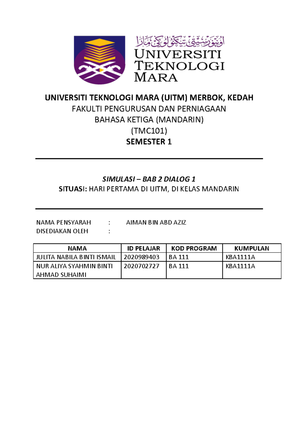 TMC101 SKRIP SIMULASI MANDARIN - UNIVERSITI TEKNOLOGI MARA (UITM ...