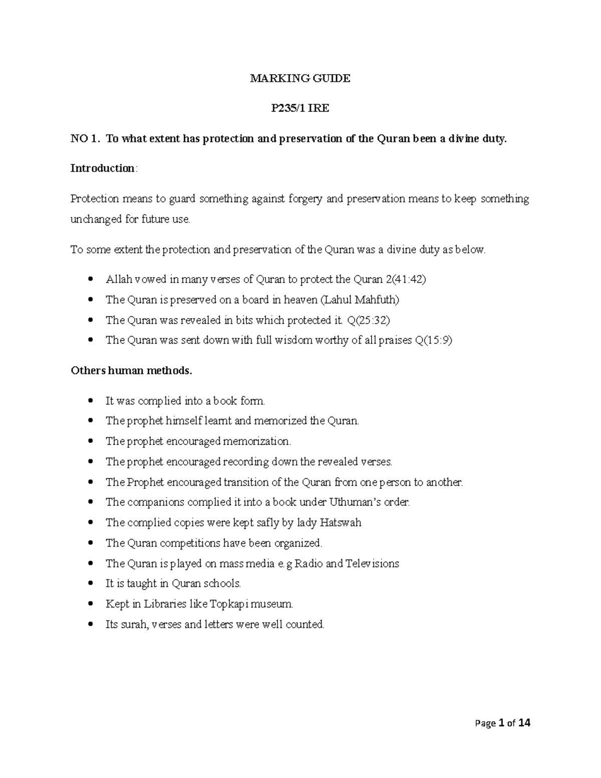 IRE Paper 1 Guide - guiding questions and answers in islam 1 - MARKING ...