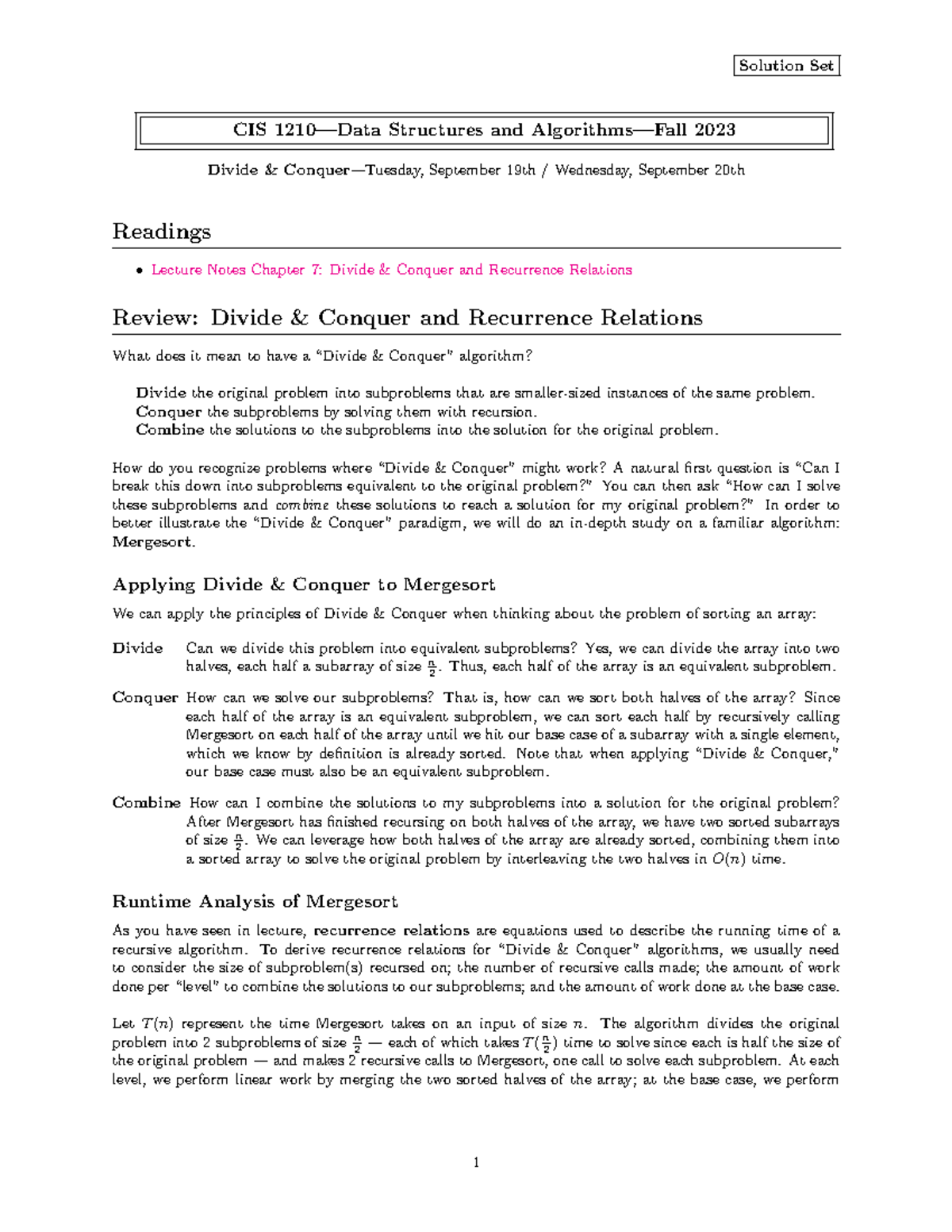 Fa24 reci3 sols - practice - CIS 1210—Data Structures and Algorithms—Fall 2023 Divide & - Studocu